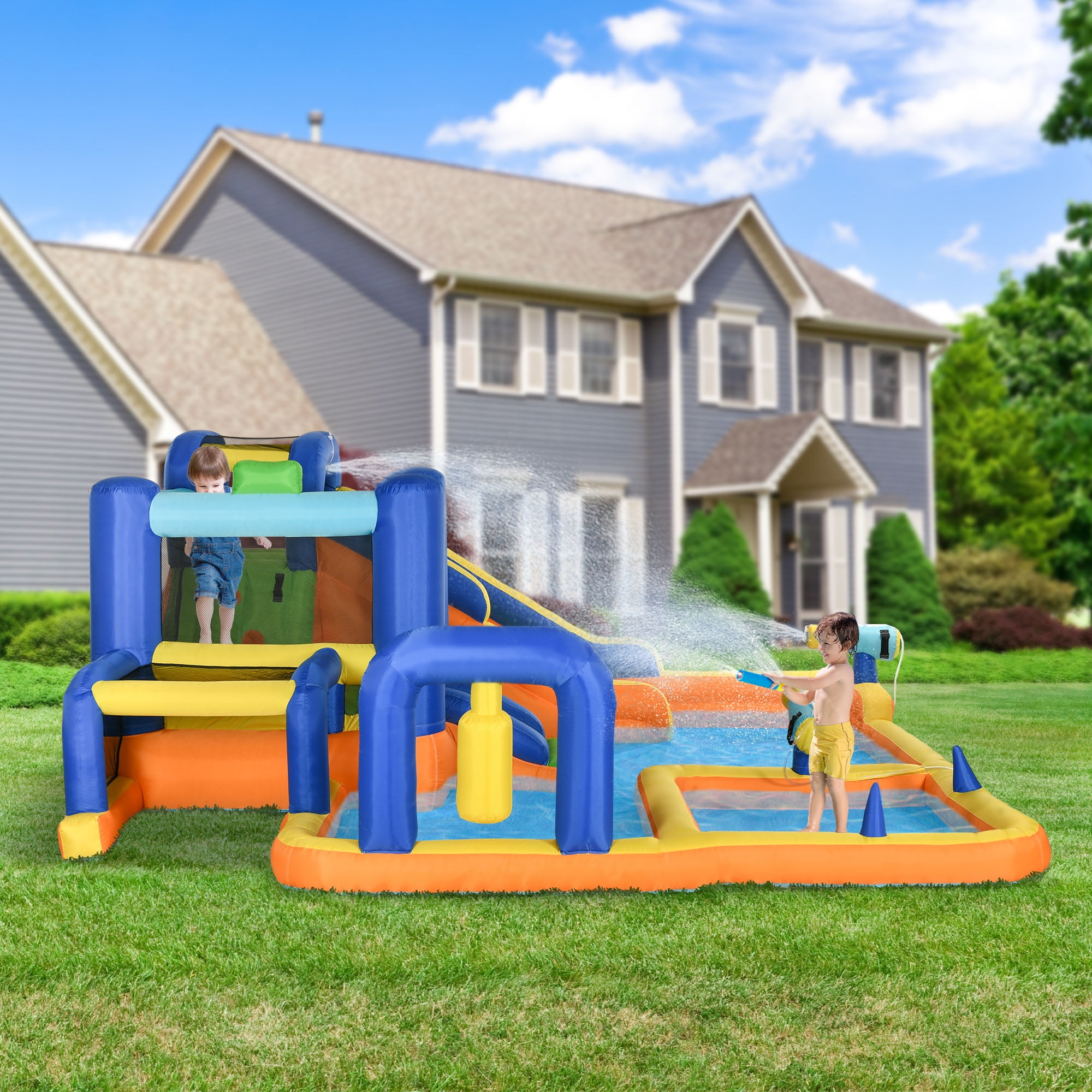 Outsunny 7-in-1 Kids Inflatable Bounce House with Blower, 3-8 Years ...