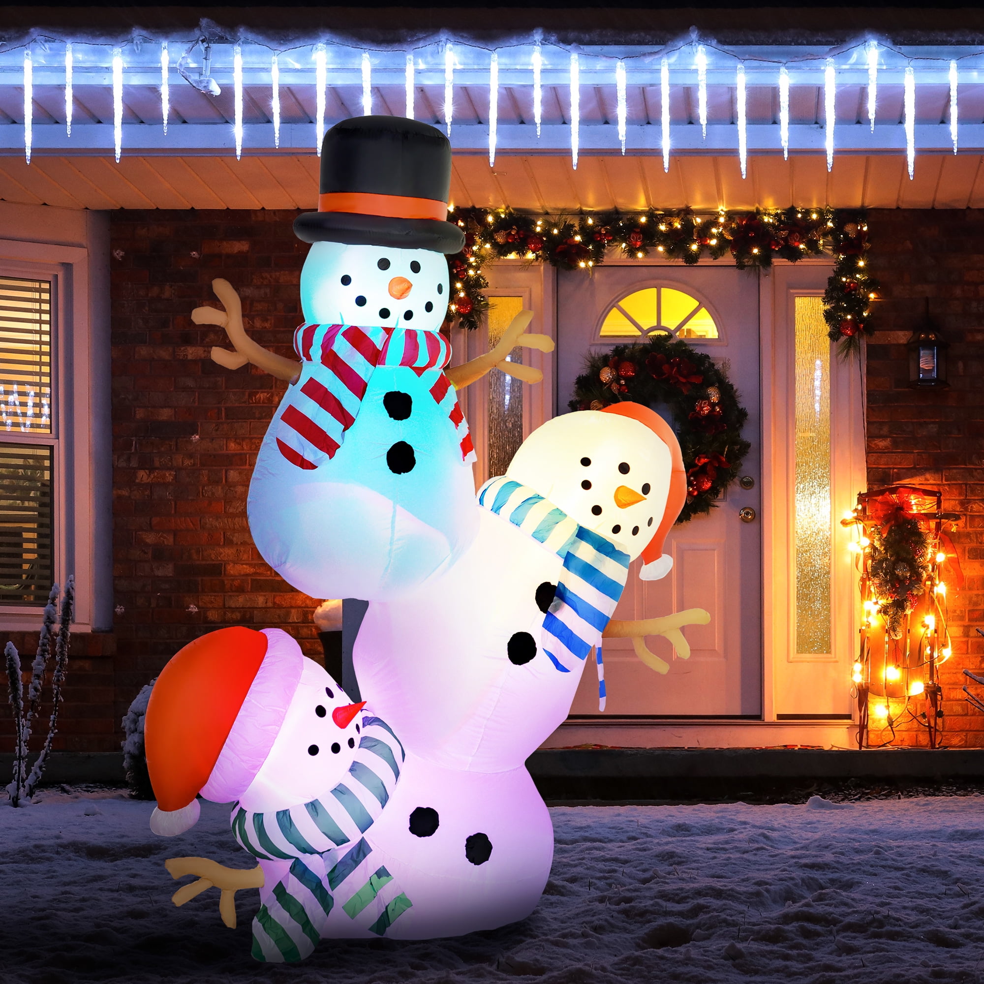 Outsunny 8.2' Christmas Inflatables Three Stacked Snowmen with LED ...
