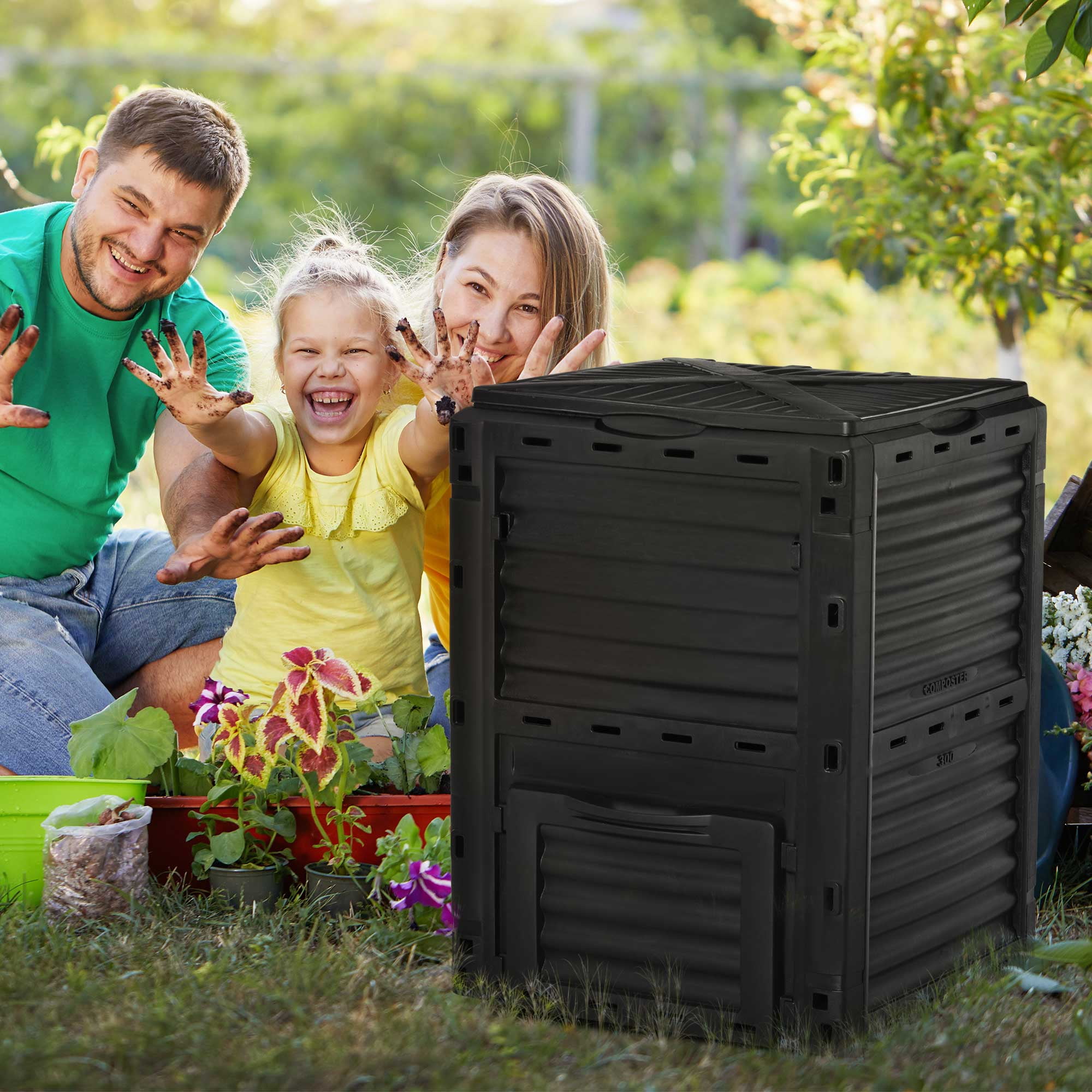 Outsunny 80 gal Black PP Dual Chamber Composting Bin with Easy Assembly ...