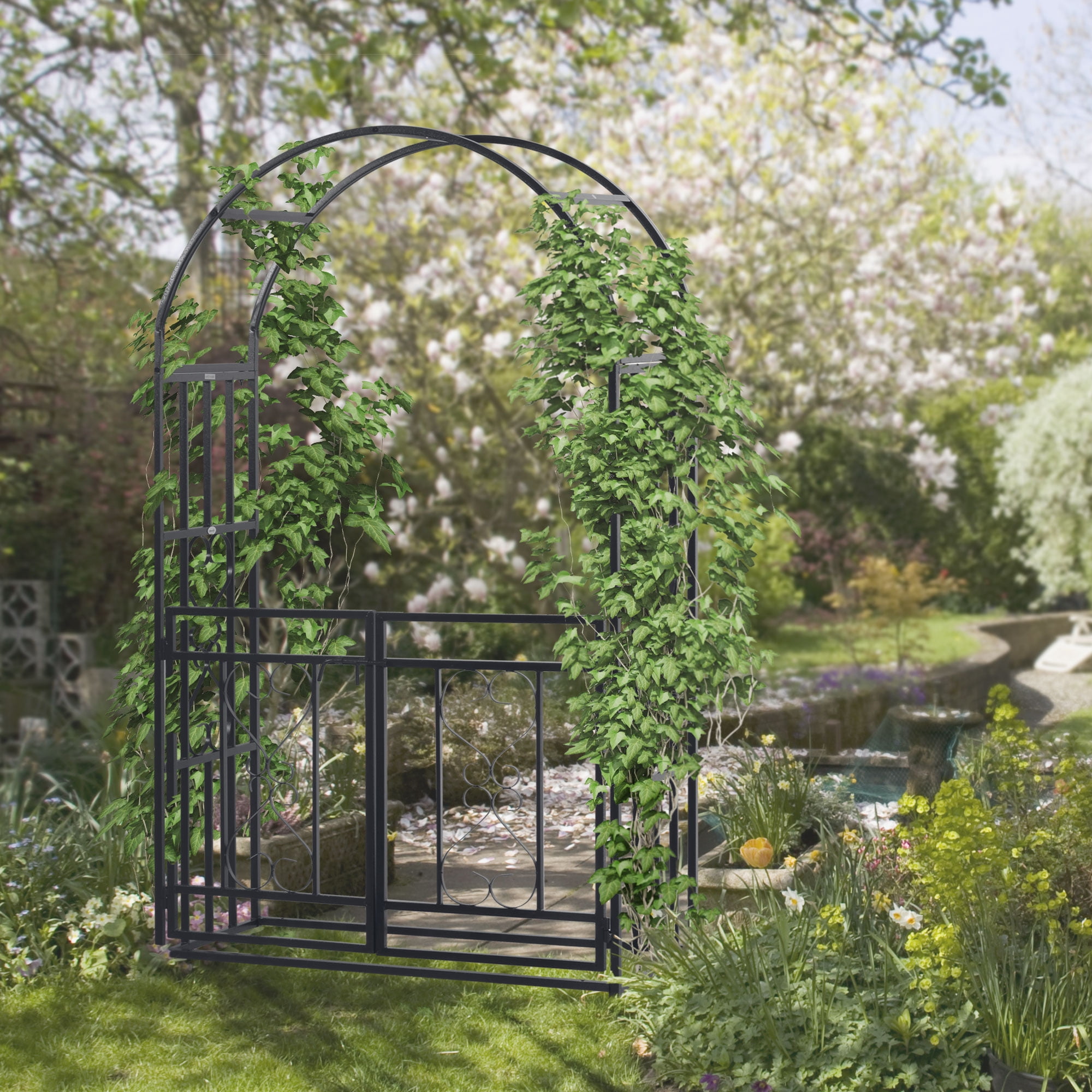 Outsunny 81" Metal Garden Arbor with Double Doors, Locking Gate ...