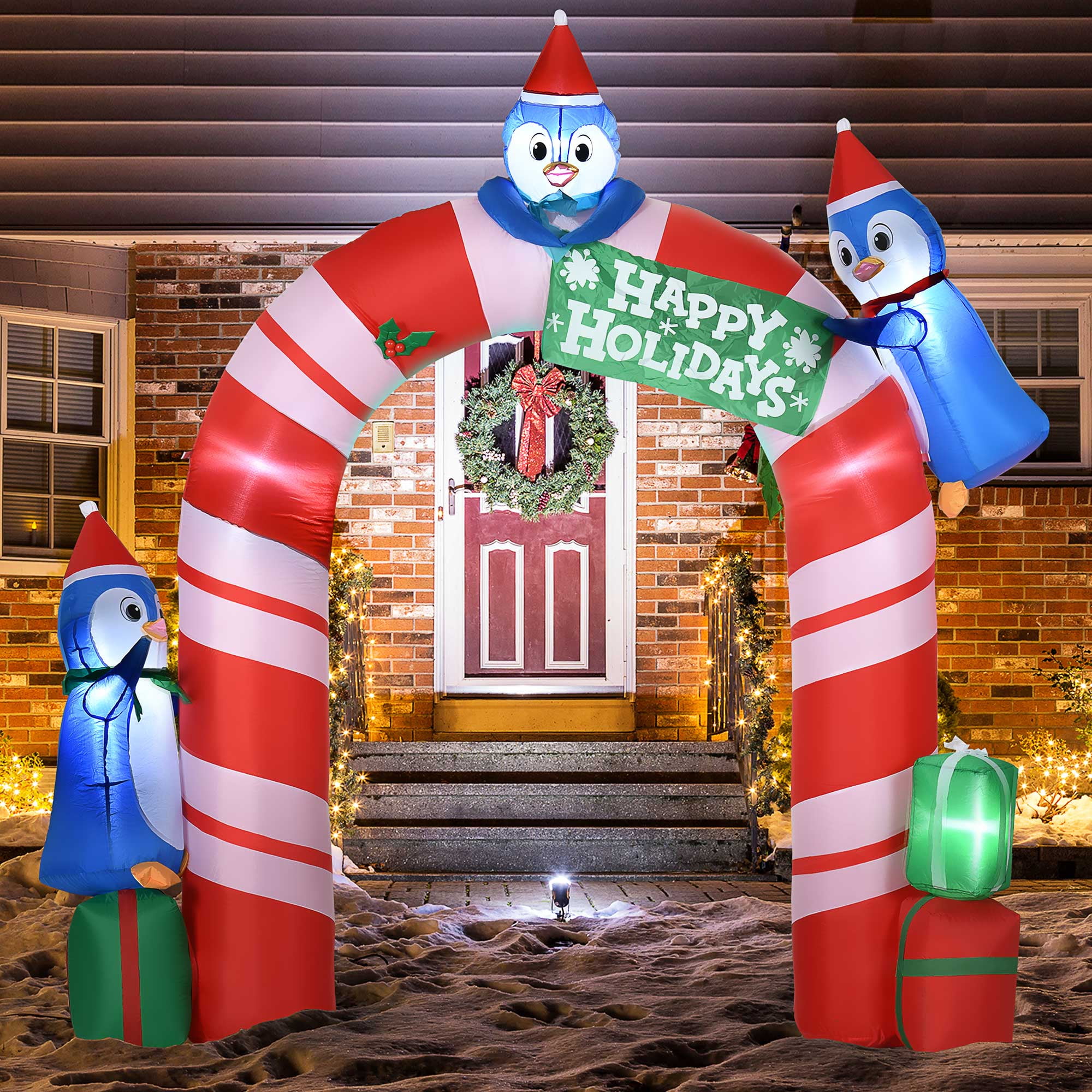 Outsunny 8ft Xmas Blow Ups Led Candy Cane Archway With Penguins And T