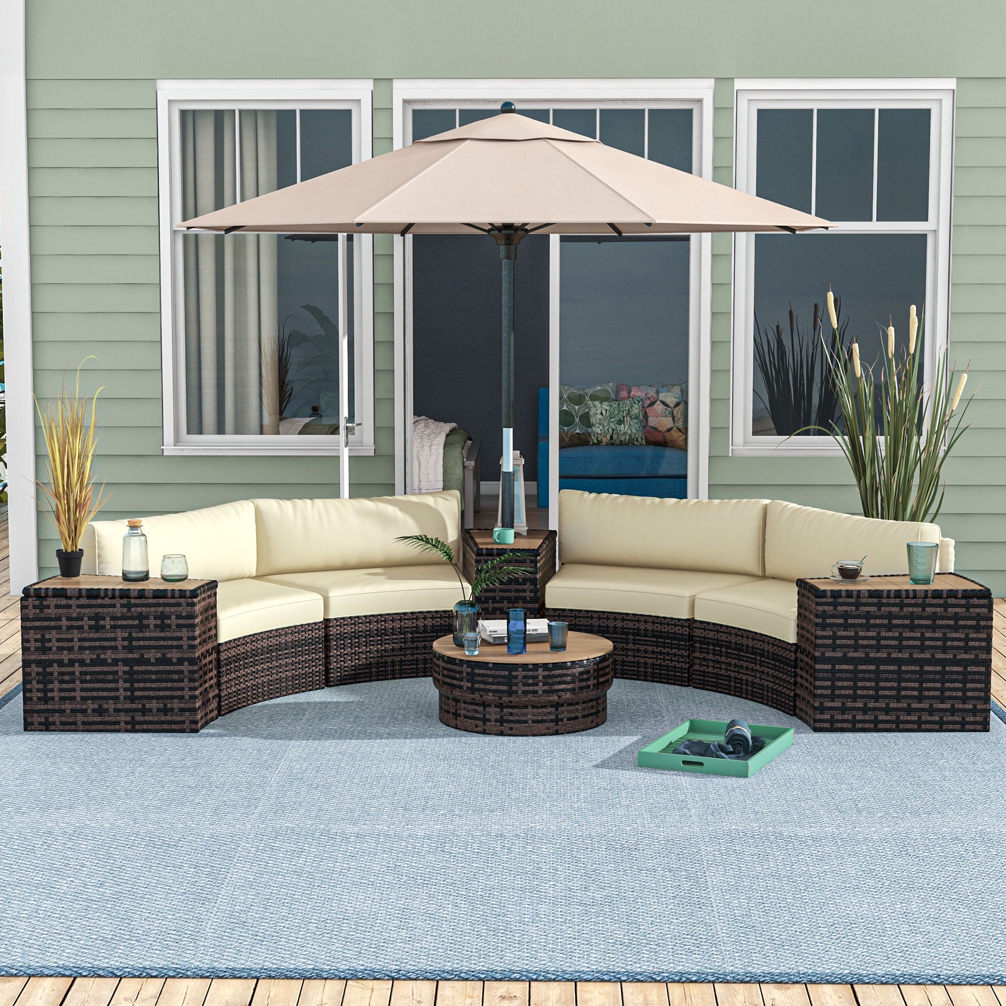 Outsunny 8pc Patio Furniture Set with Sofa, Chair, Umbrella Hole, Brown ...