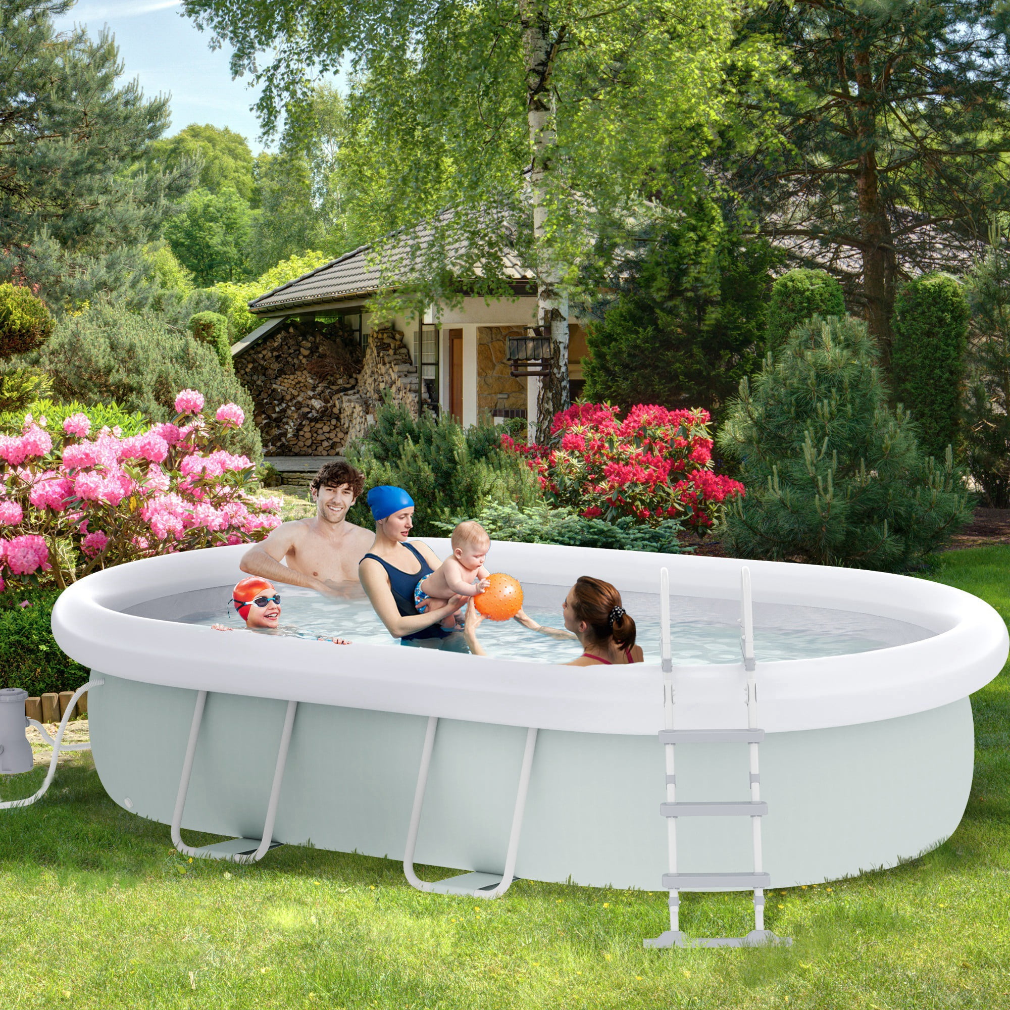 Outsunny Above Ground Pool for Adults & Kids, Deep Semi-Inflatable ...