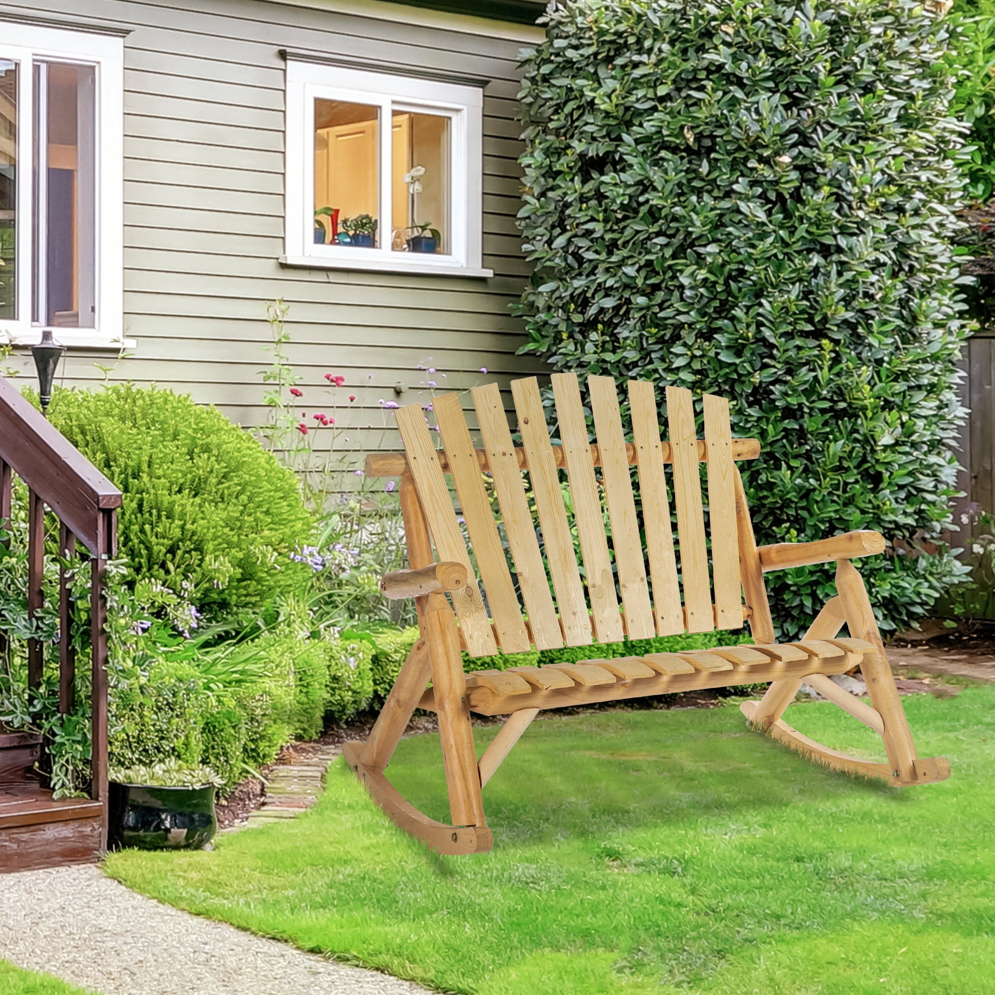 Outsunny Adirondack Rustic High Back and Slatted Seat Rocking Chair ...