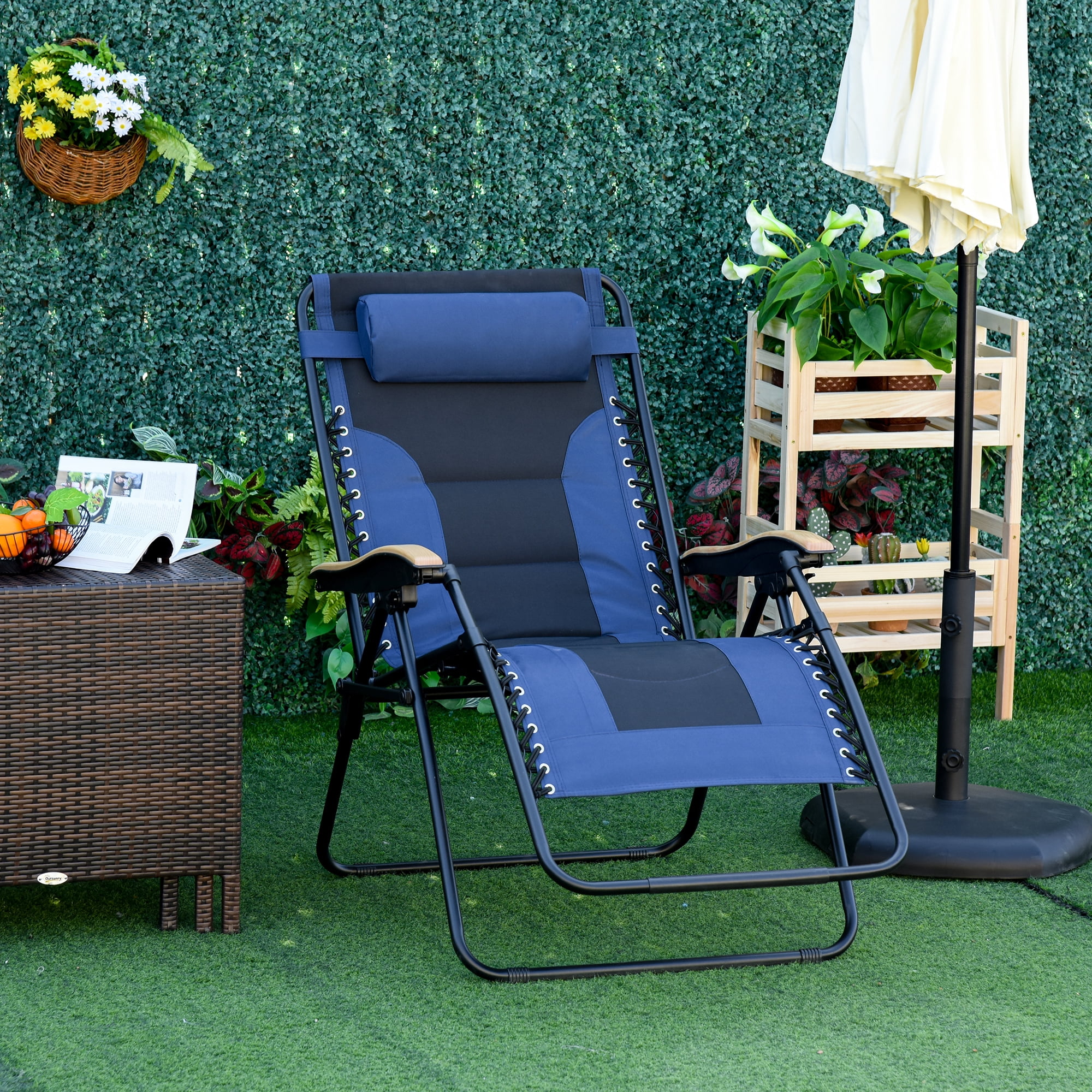 Outsunny Foldable Reclining Zero Gravity Chair with Cup Holders, Blue ...