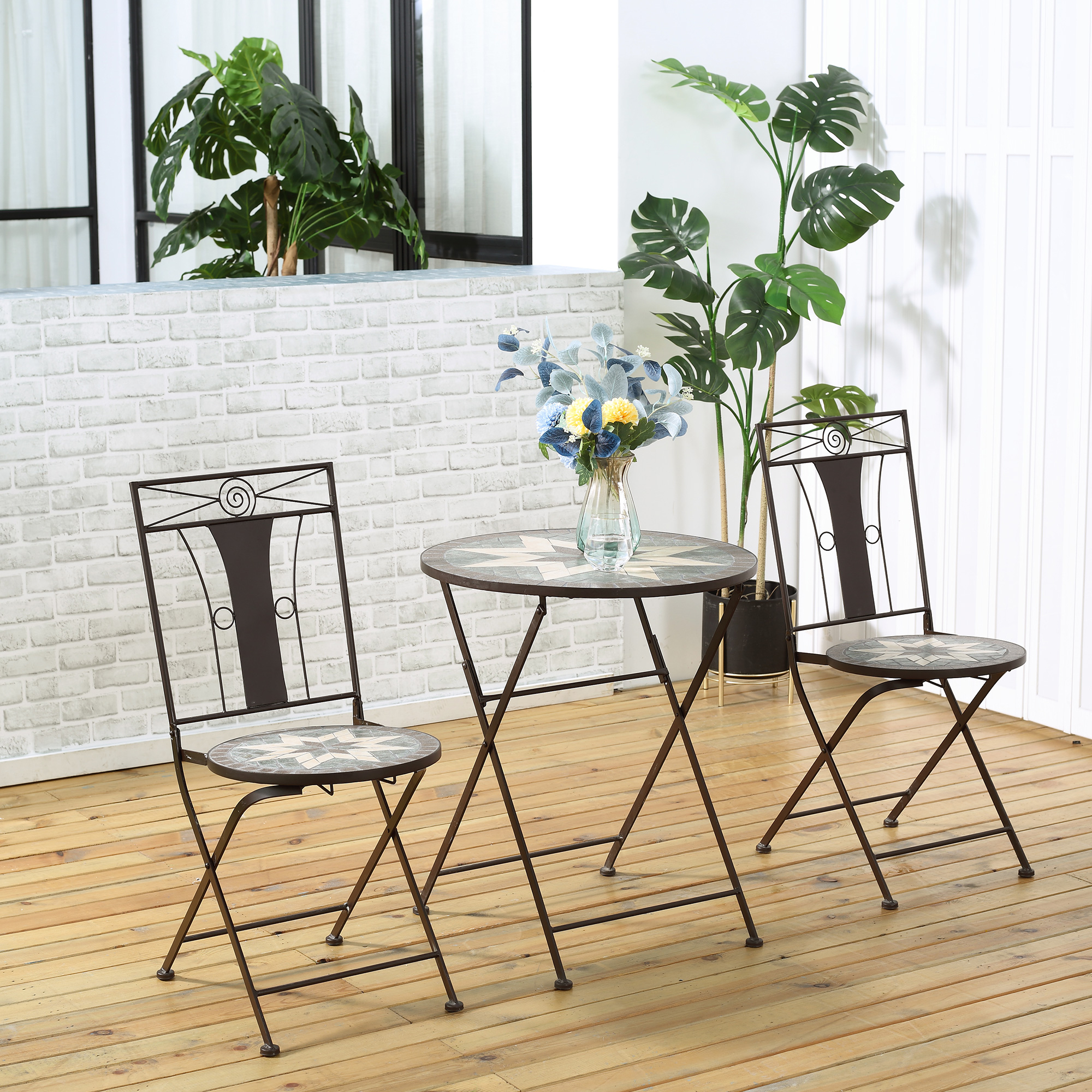 Outsunny Folding 3 Piece Bistro Set, Stone & Metal Table & Chairs ...