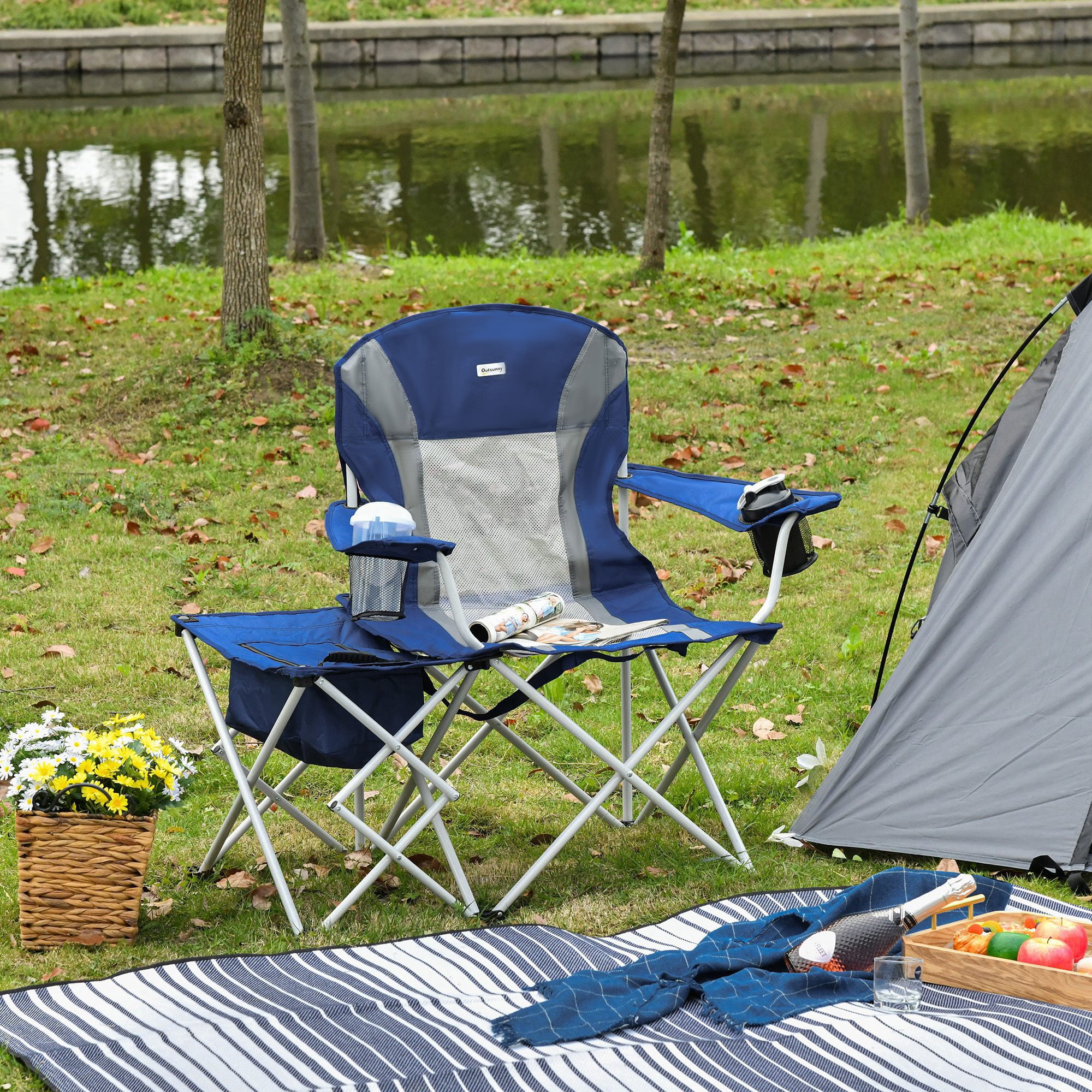 Outsunny Folding Camping Chair with Portable Insulation Table Bag, Two ...