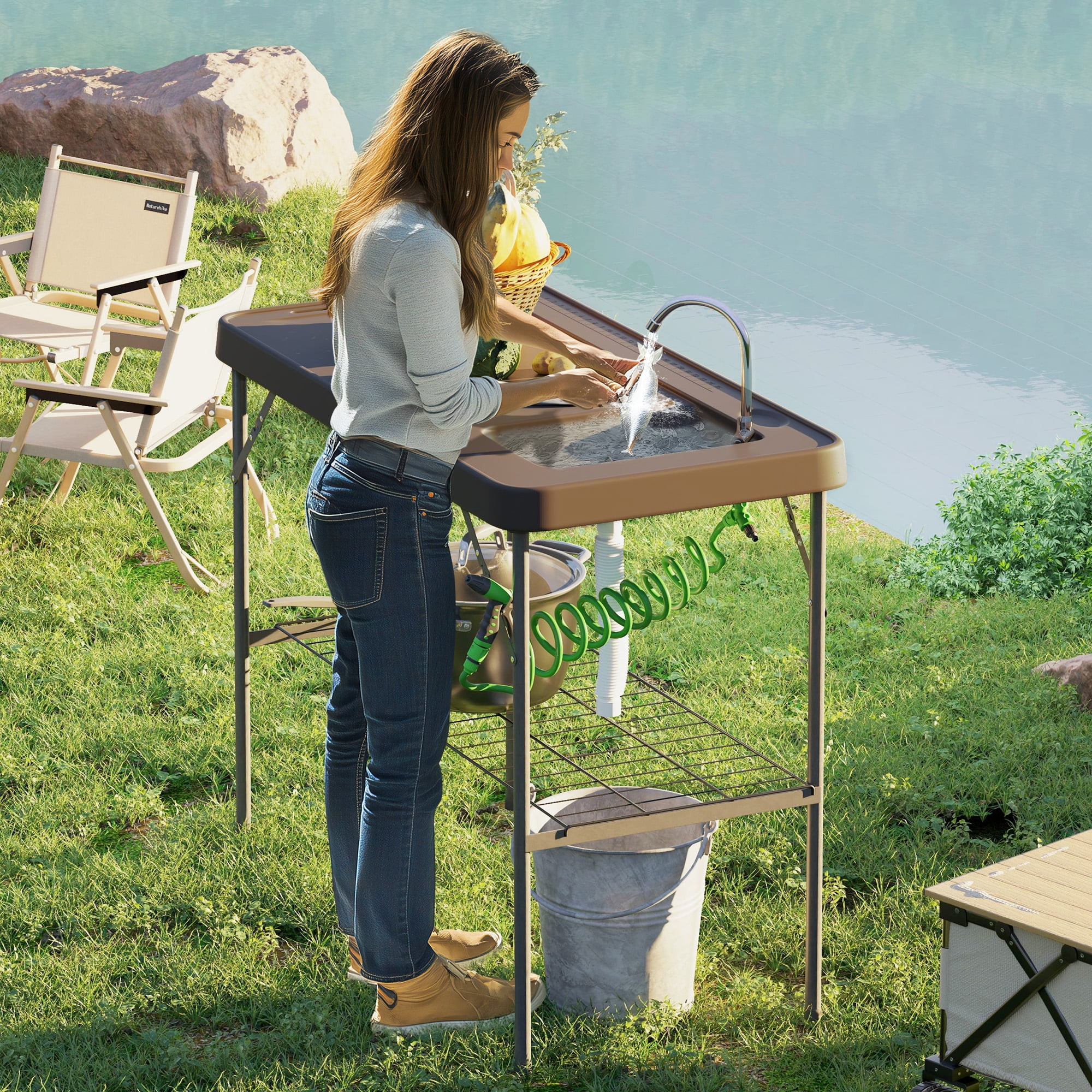 Outsunny Folding Fish Cleaning Table with Sink, Outdoor Fillet Table ...