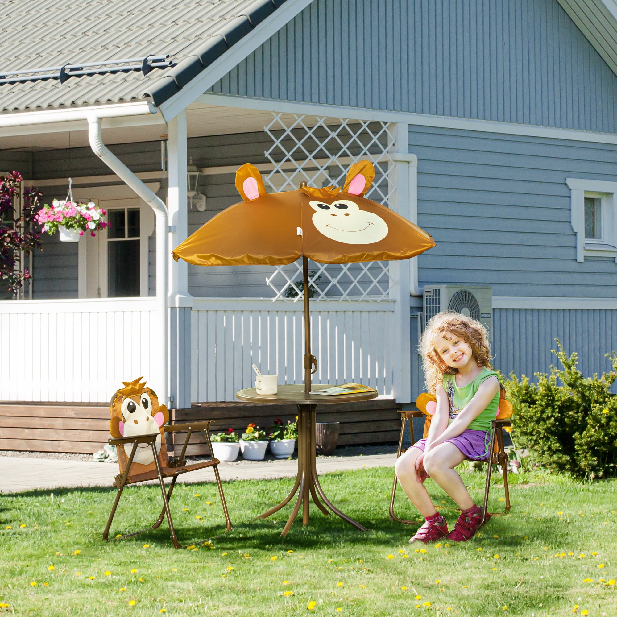 Outsunny Kids Outdoor Patio Furniture Set with Umbrella for Backyard ...