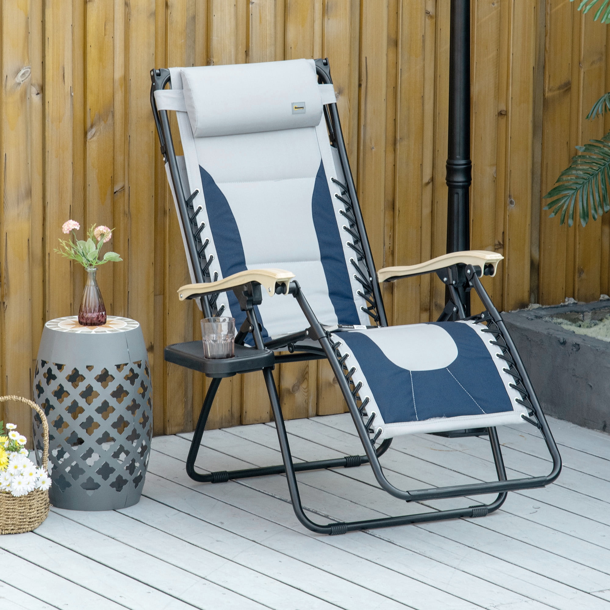 Outsunny Folding Zero Gravity Recliner Chair, Table, Pillow, Blue ...
