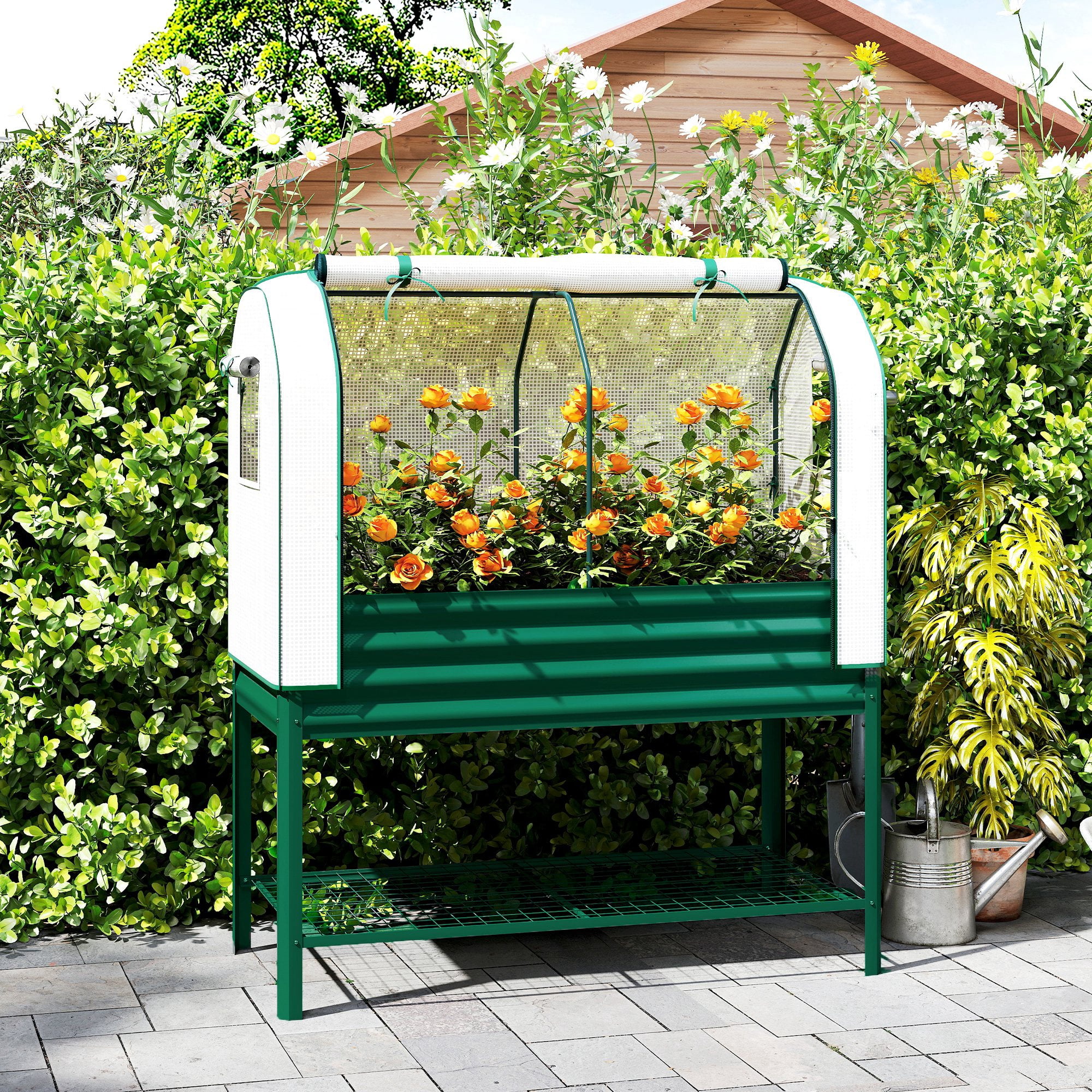 Outsunny Galvanised Raised Garden Bed with Greenhouse Cover, Metal ...