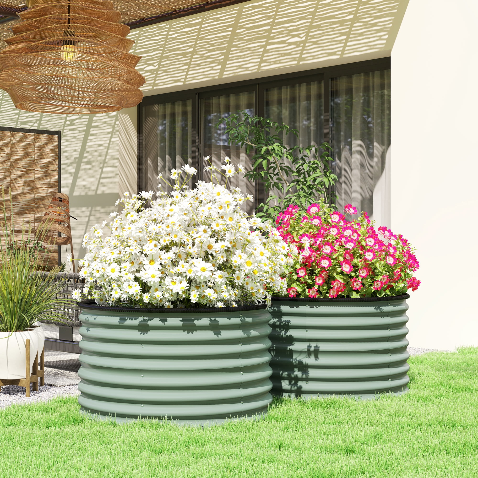 Outsunny Galvanized Raised Garden Bed, Set of 2 Planter Box with Safety ...