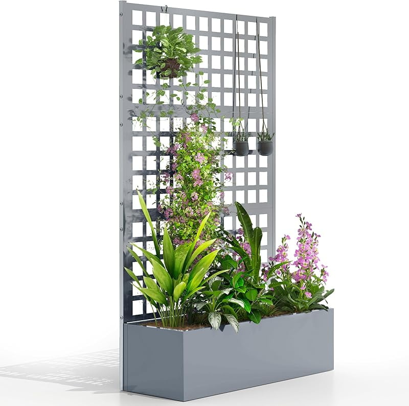 Outsunny Galvanized Raised Garden Bed with Trellis, Metal Planter Box ...
