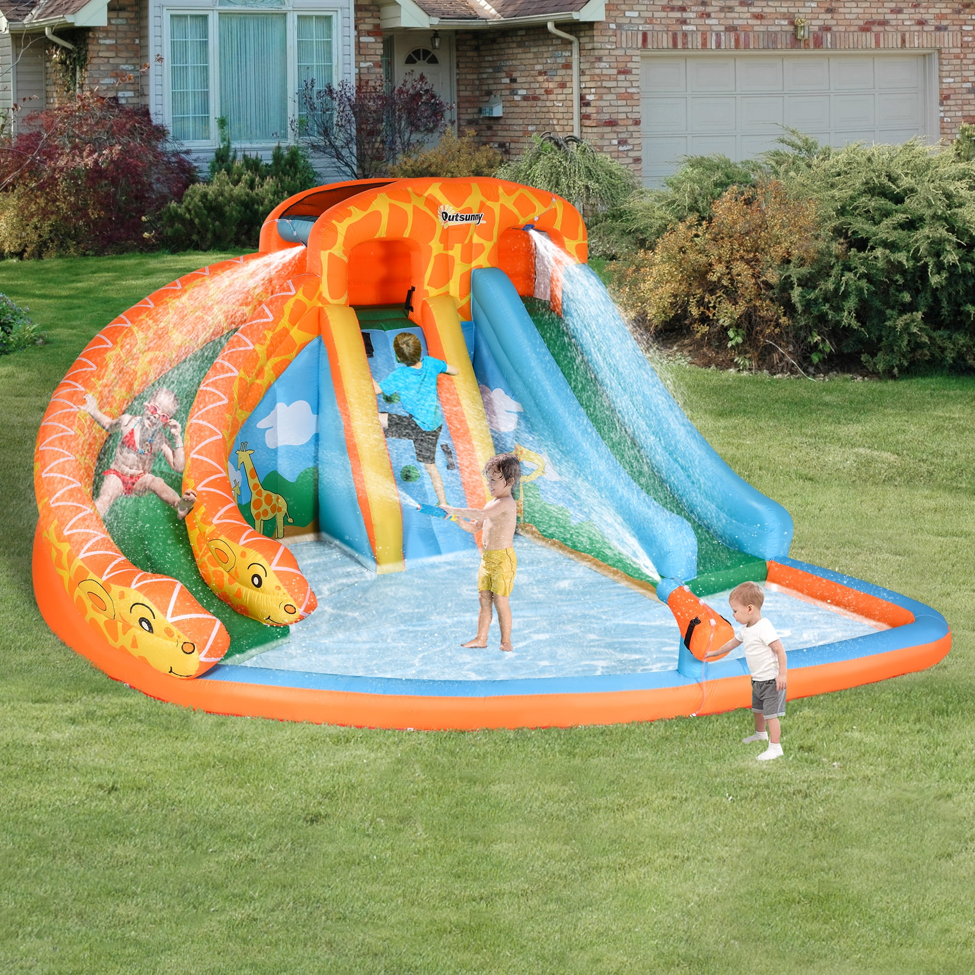 Outsunny Giraffe Style Kids Inflatable Water Slide 4 in 1 Bounce House ...