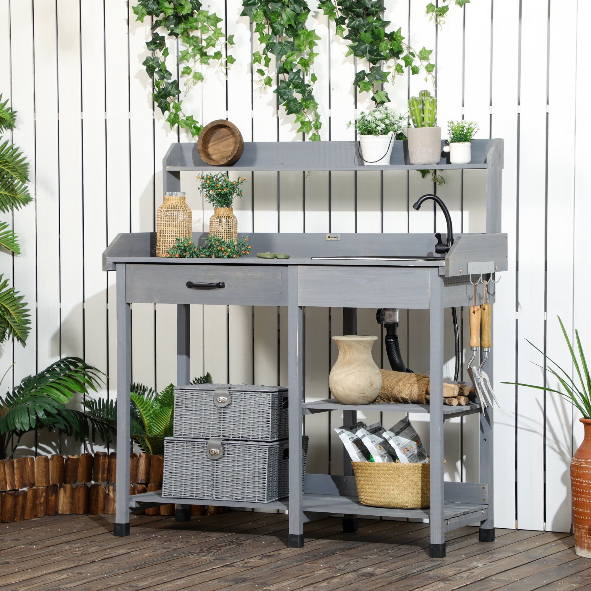 Outsunny Large Storage Outdoor Garden Potting Bench Table with Hooks ...