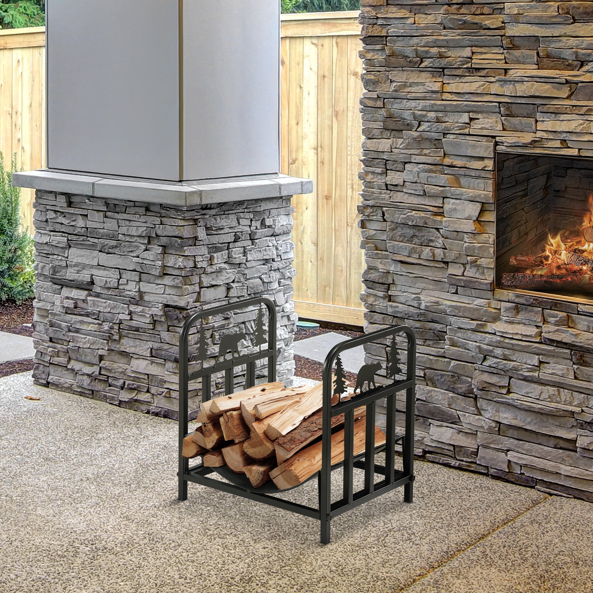 Outsunny Indoor Outdoor Firewood Rack w/ Bear Theme, Black - Walmart.com