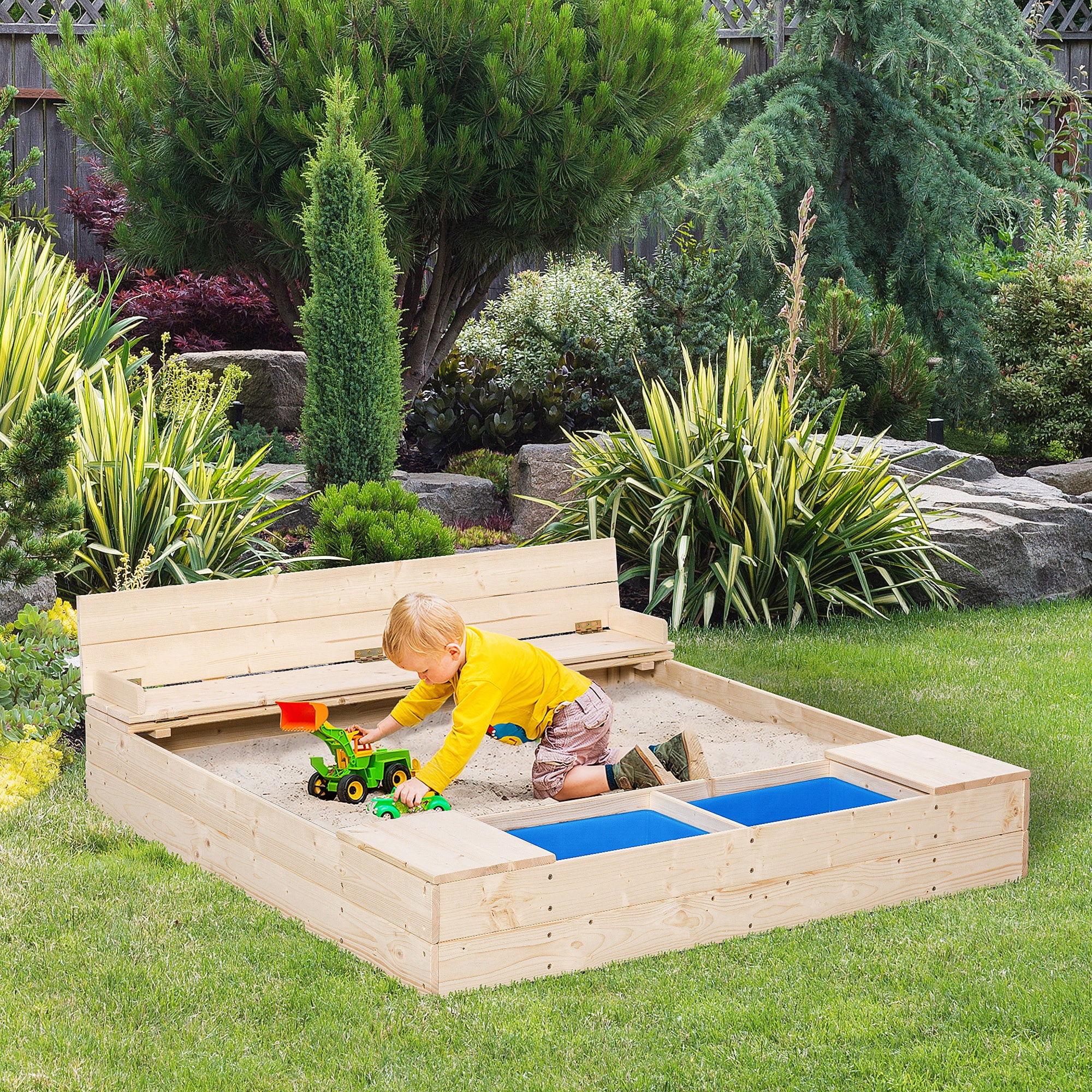 Outsunny Outdoor Toddler Wooden Sandbox w/ Waterproof Cover, Storage ...