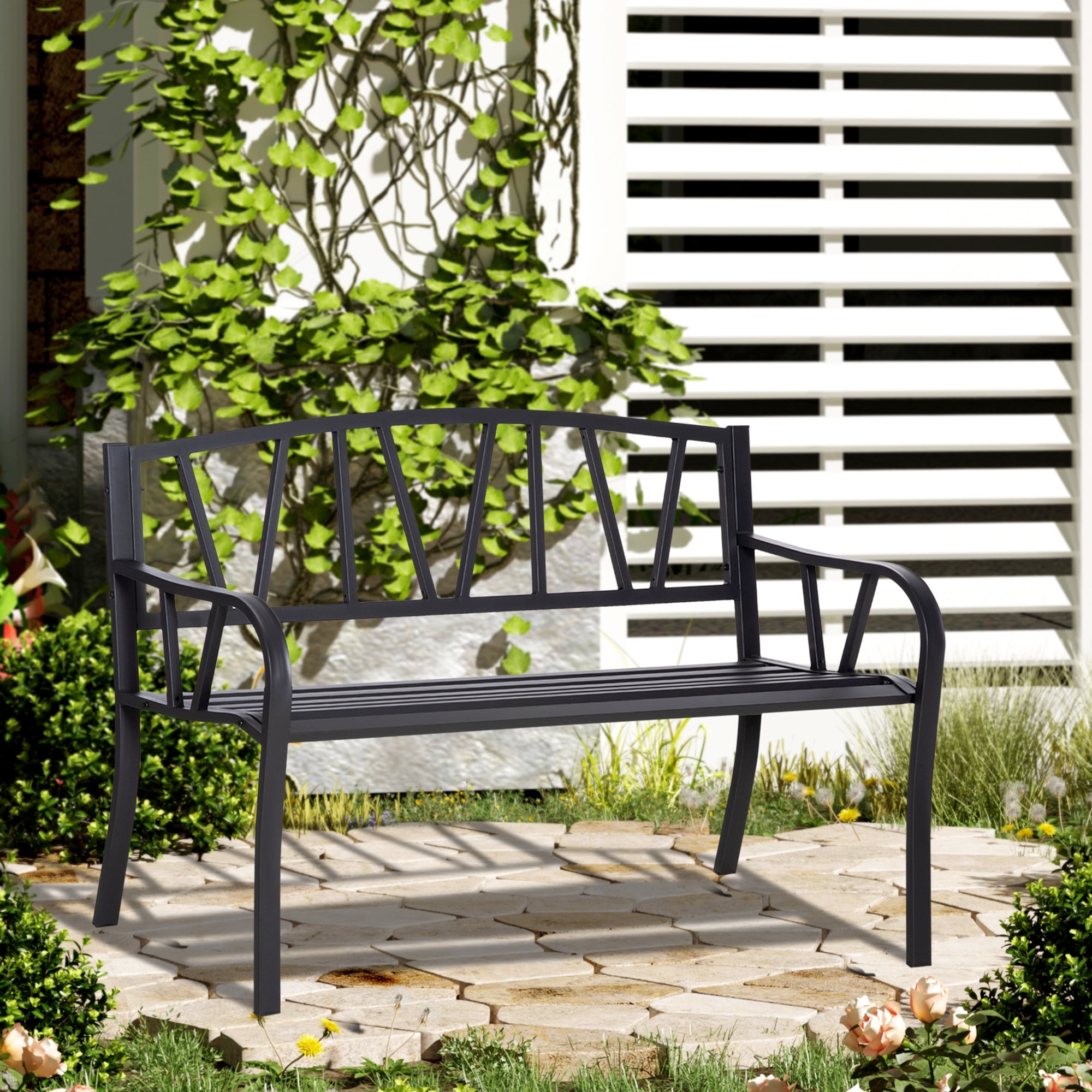 Outsunny Metal Garden Bench, Black Steel Outdoor Seating for 2, Curved ...