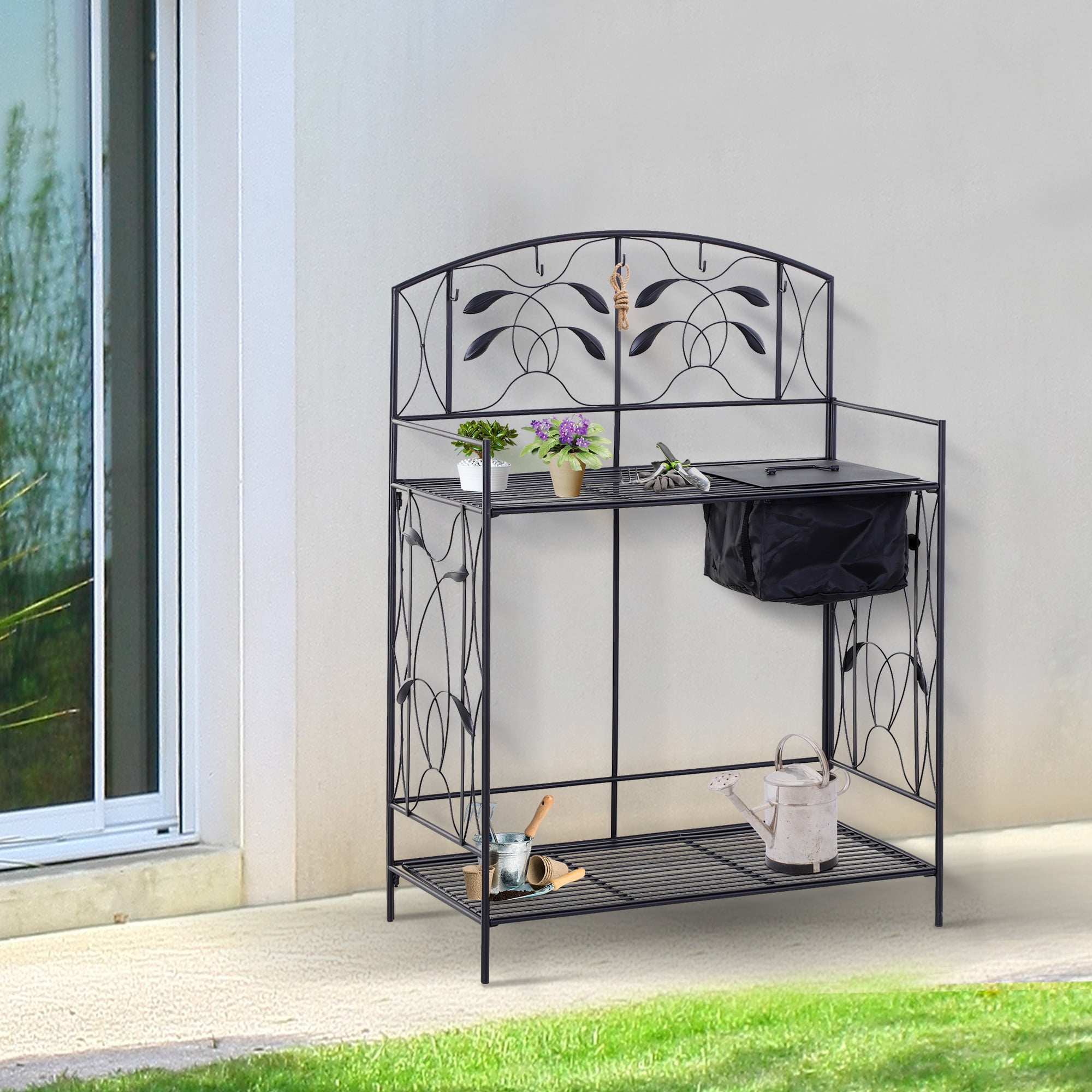 Outsunny Outdoor Garden Metal Potting Table Planting Benchw/ Bag, Hook ...