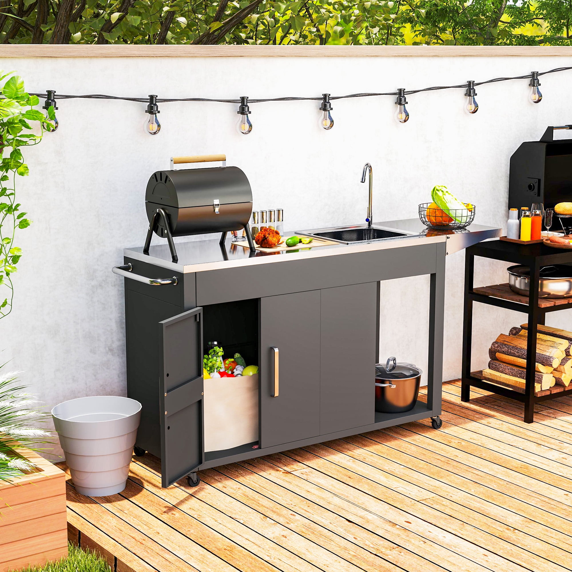 Outsunny Outdoor Grill Table with Stainless Steel Sink and Drainage ...