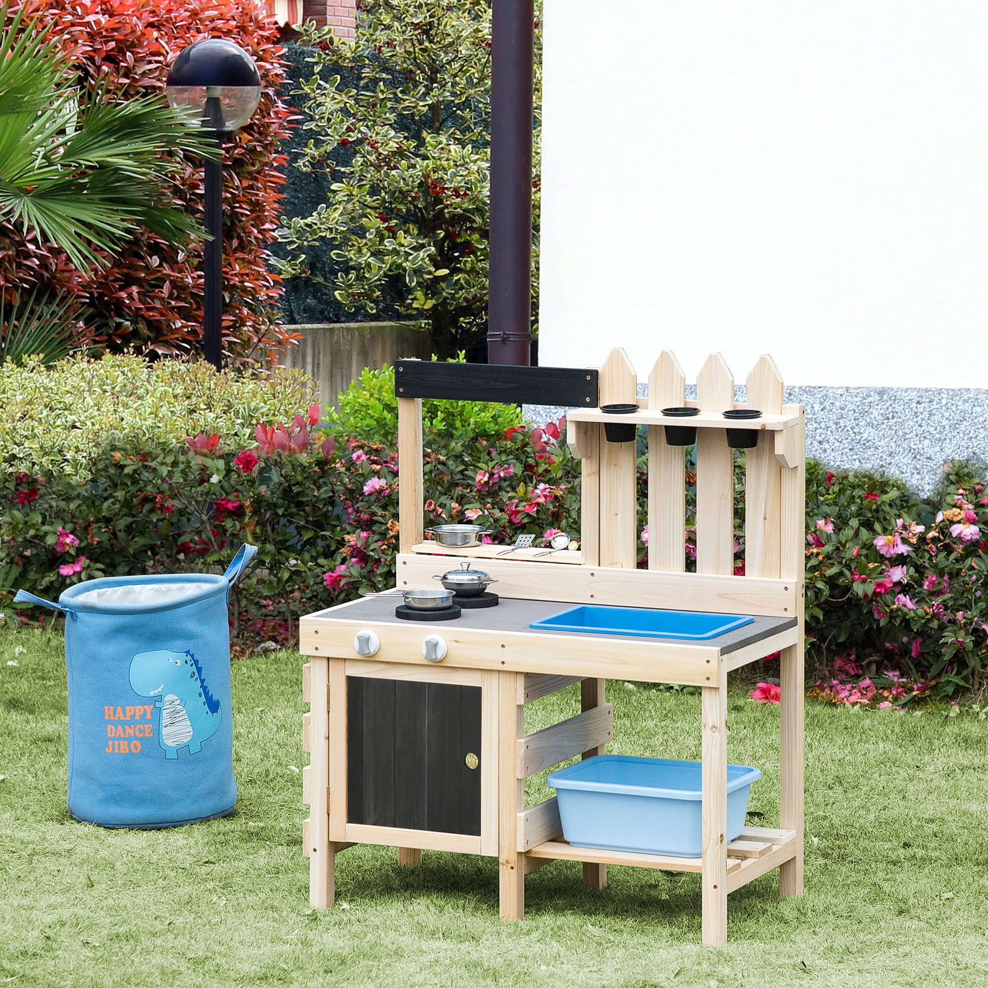 Outsunny Kids Kitchen Play Set Outdoor, Wooden Cooking Game Toy ...