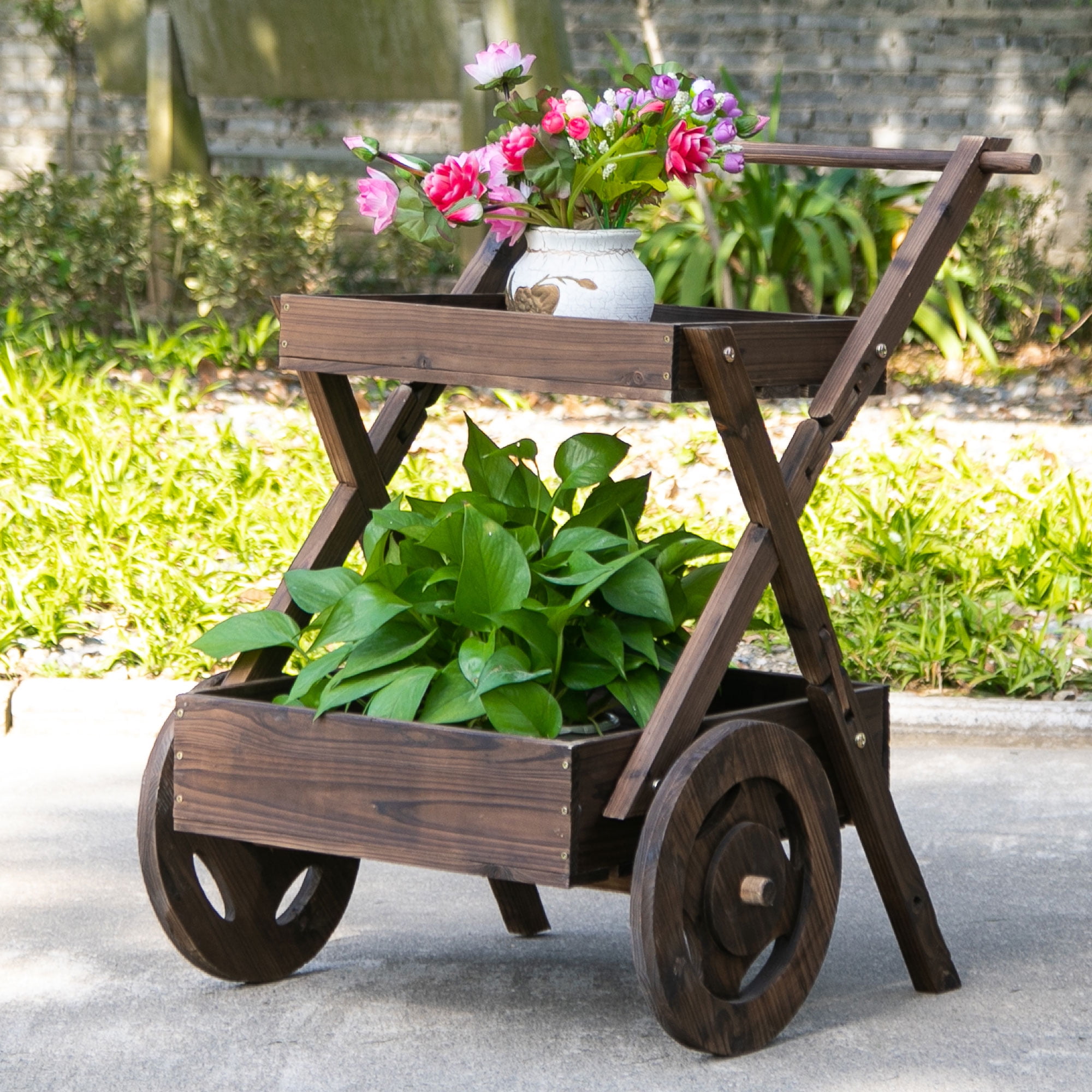 Outsunny Outdoor Plant Stand on Wheels with 2 Shelves, Wooden Flower ...