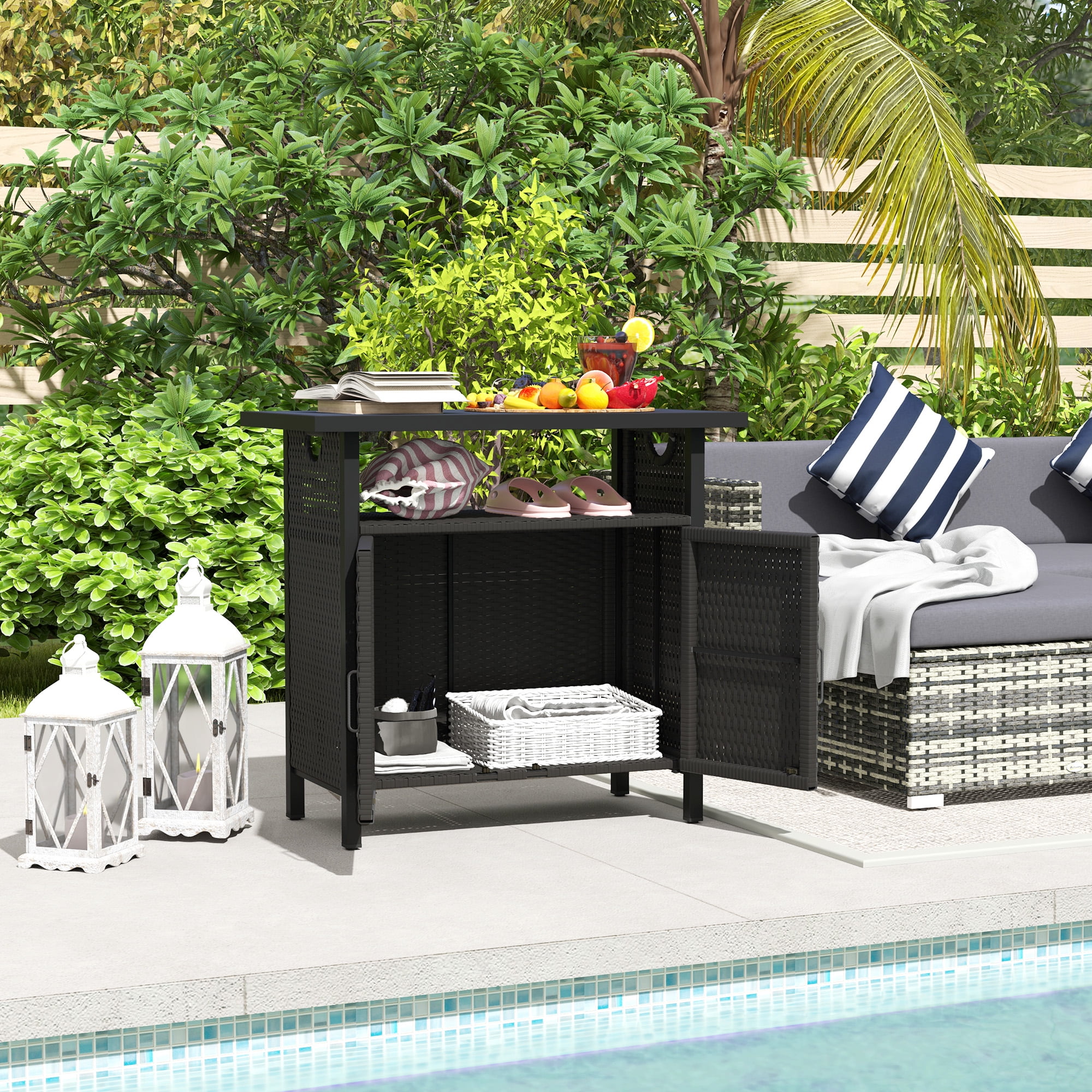 Outsunny Outdoor Pool Towel Storage Cabinet Organizer, PE Rattan Pool ...