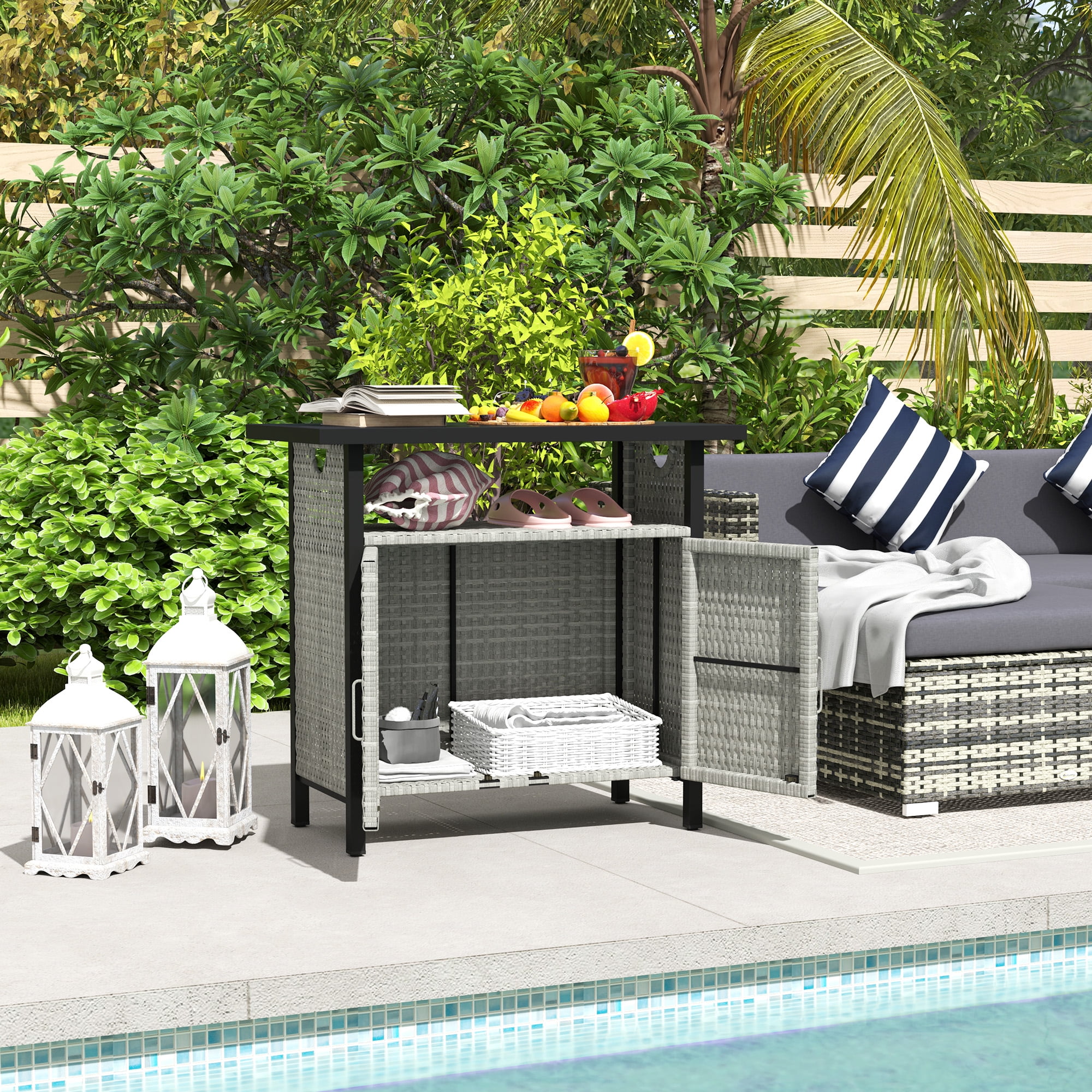 Outsunny Outdoor Pool Towel Storage Cabinet Organizer, PE Rattan Pool ...