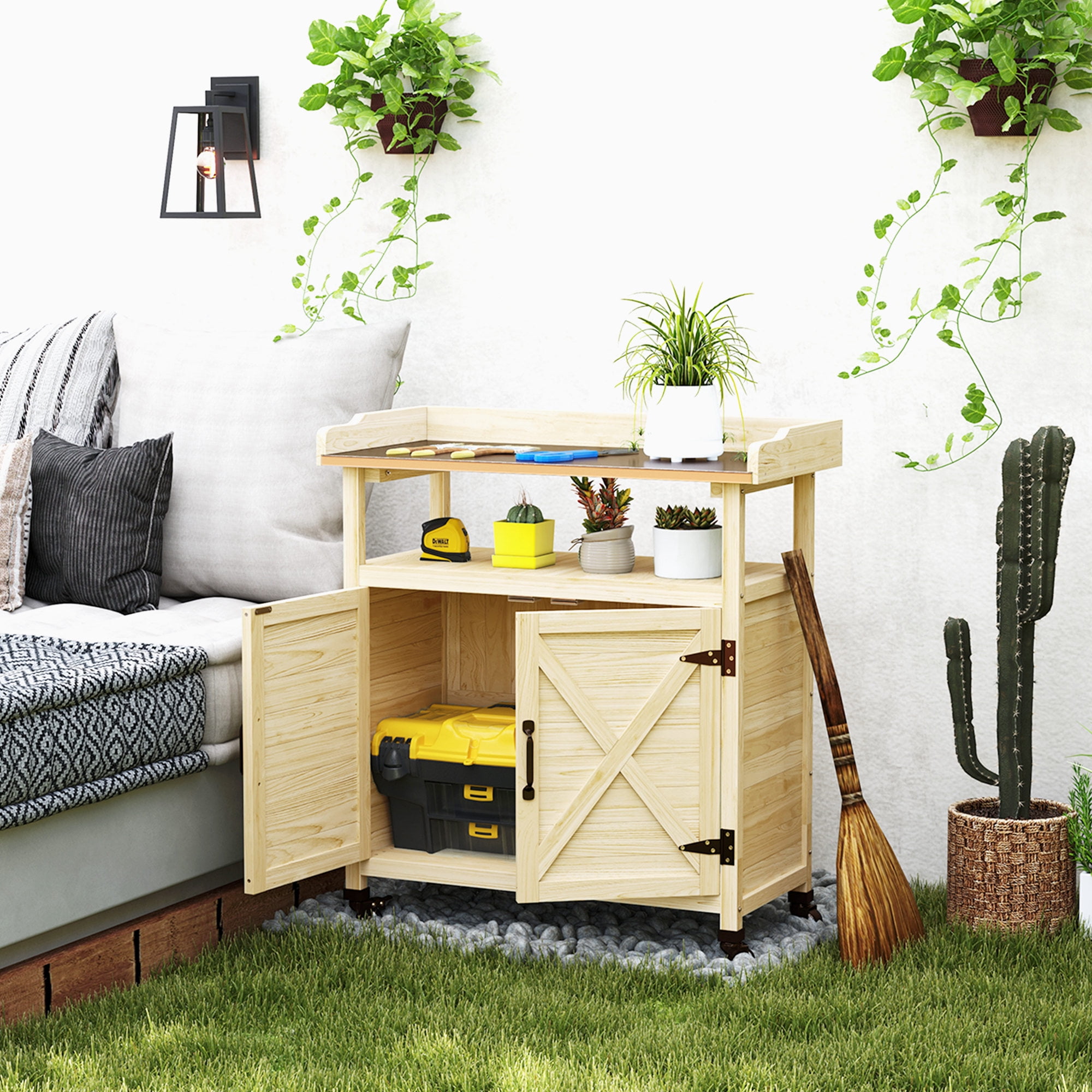 Outsunny Outdoor Potting Bench, Wooden Potting Table with Storage ...