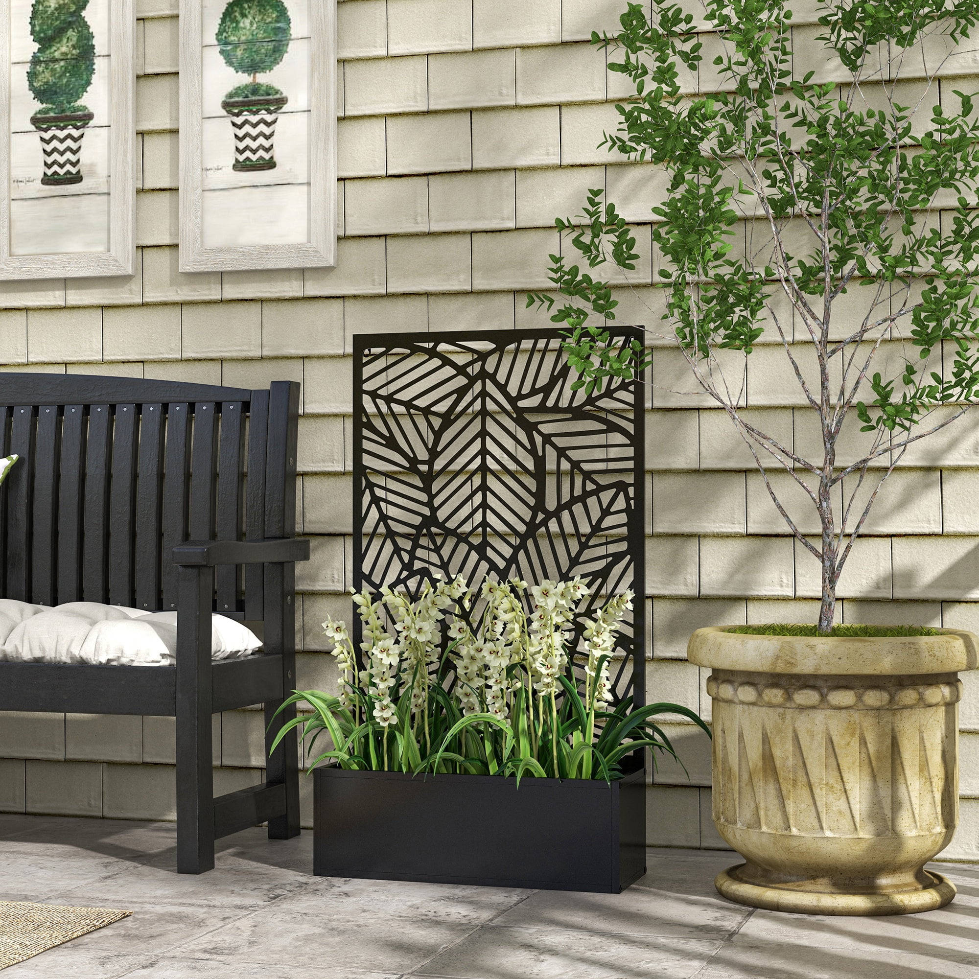 Outsunny Planter Box and Outdoor Privacy Screen, Wall-Mounted or ...