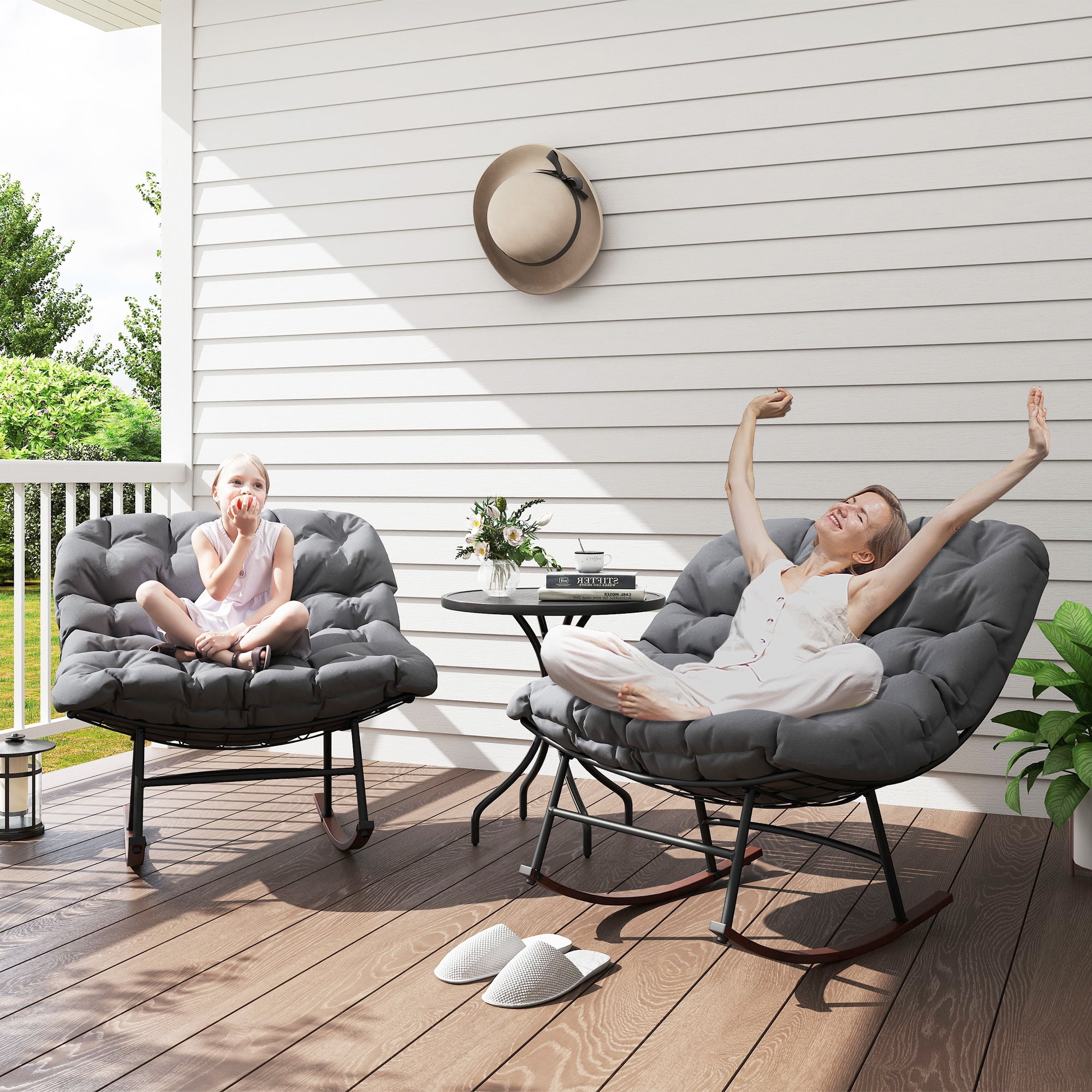 Outsunny Outdoor Rocking Chair Set of 2, Oversized Rocking Papasan ...
