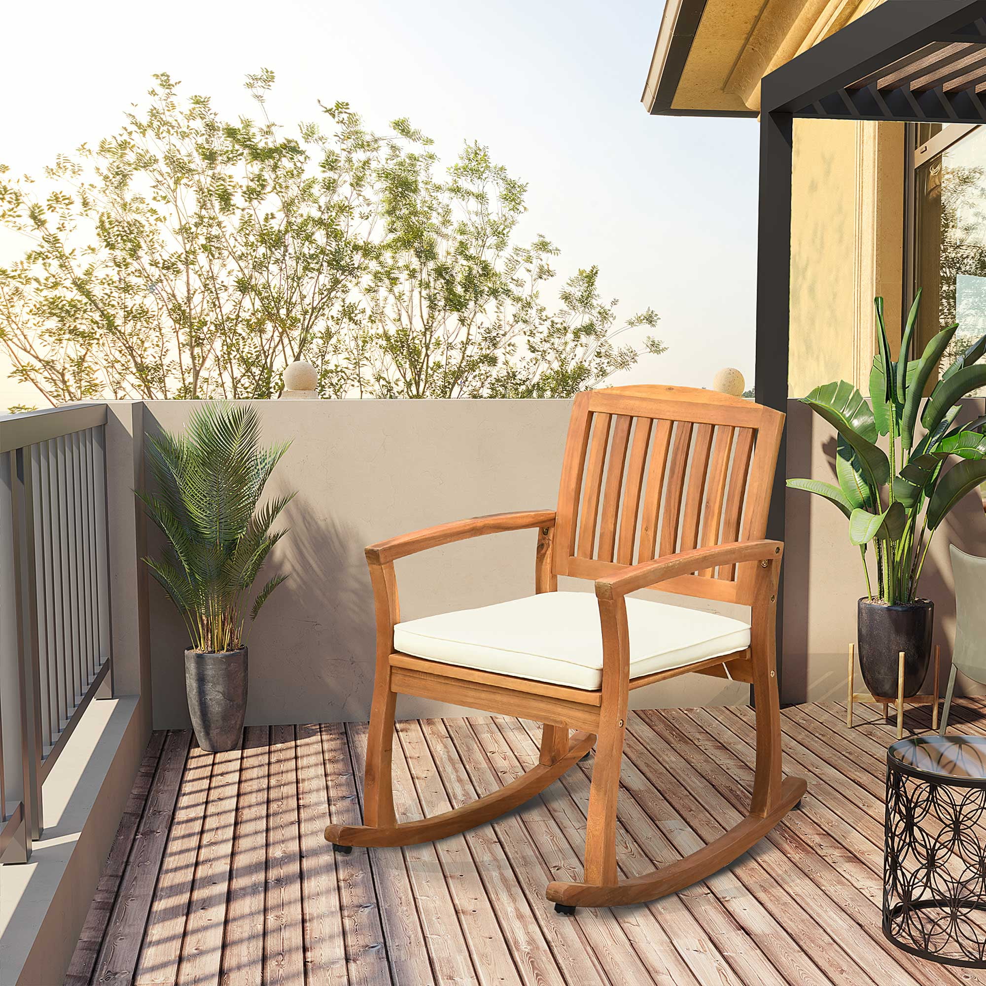 Outsunny Outdoor Rocking Chair with Cushion, Acacia Wood Patio Rocker ...