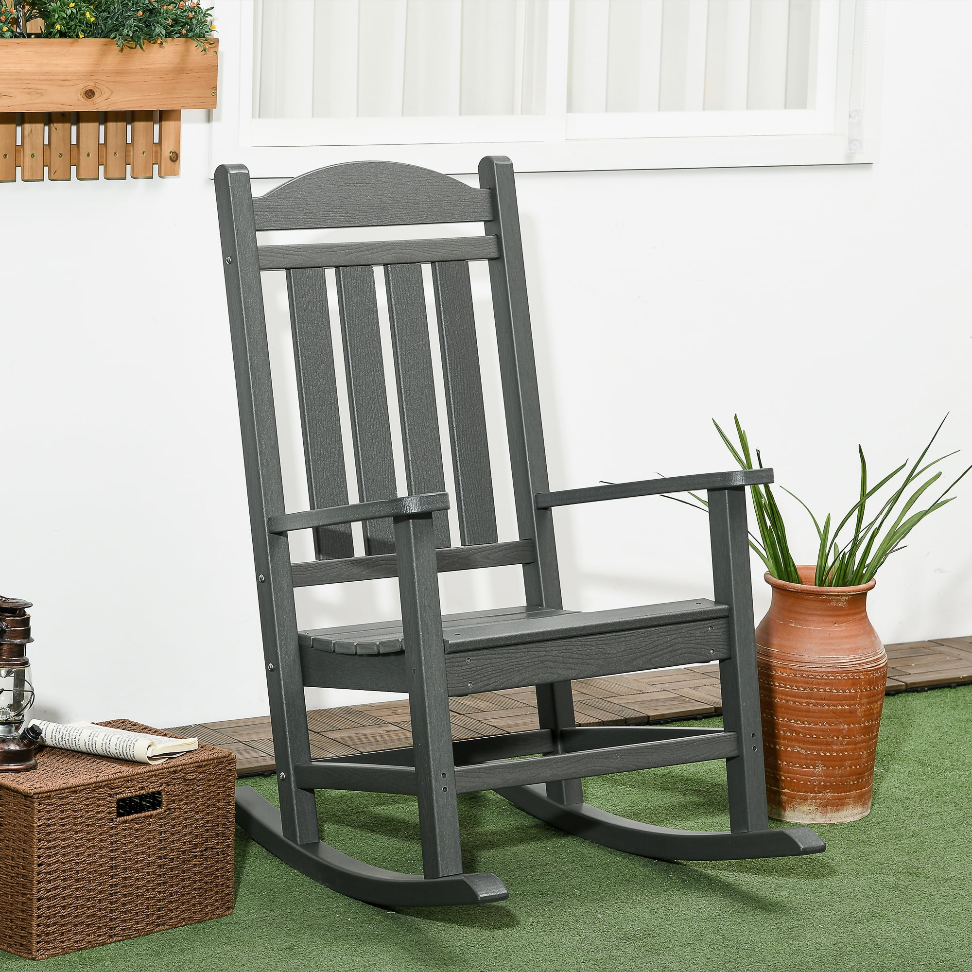 Outsunny Outdoor Rocking Chair, Traditional Slatted Porch Rocker with ...