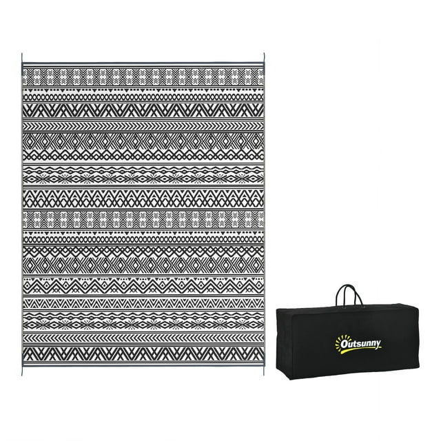Outsunny Outdoor Rug & Bag, 8' x 10' Plastic Rug, Gray Cream Boho ...
