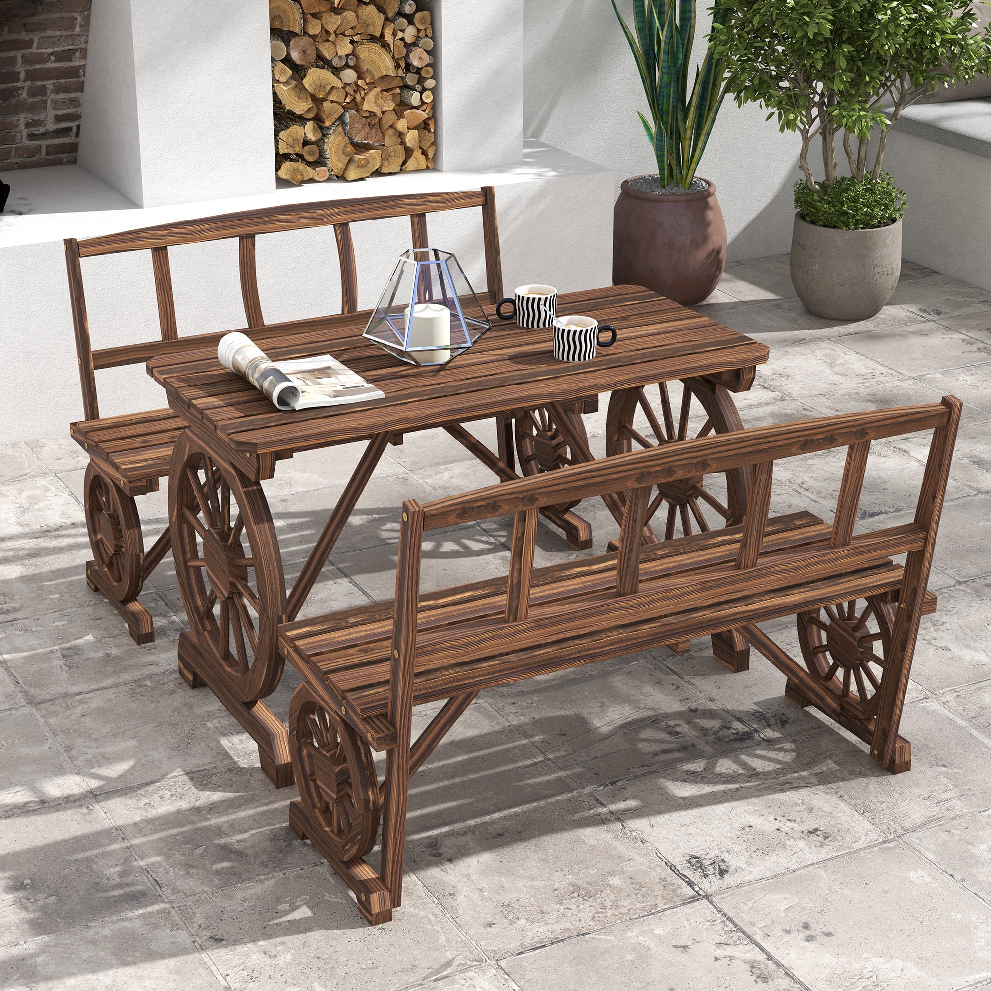 Outsunny Outdoor Table and Chairs for 4, Carbonized Pine Wagon Wheel ...
