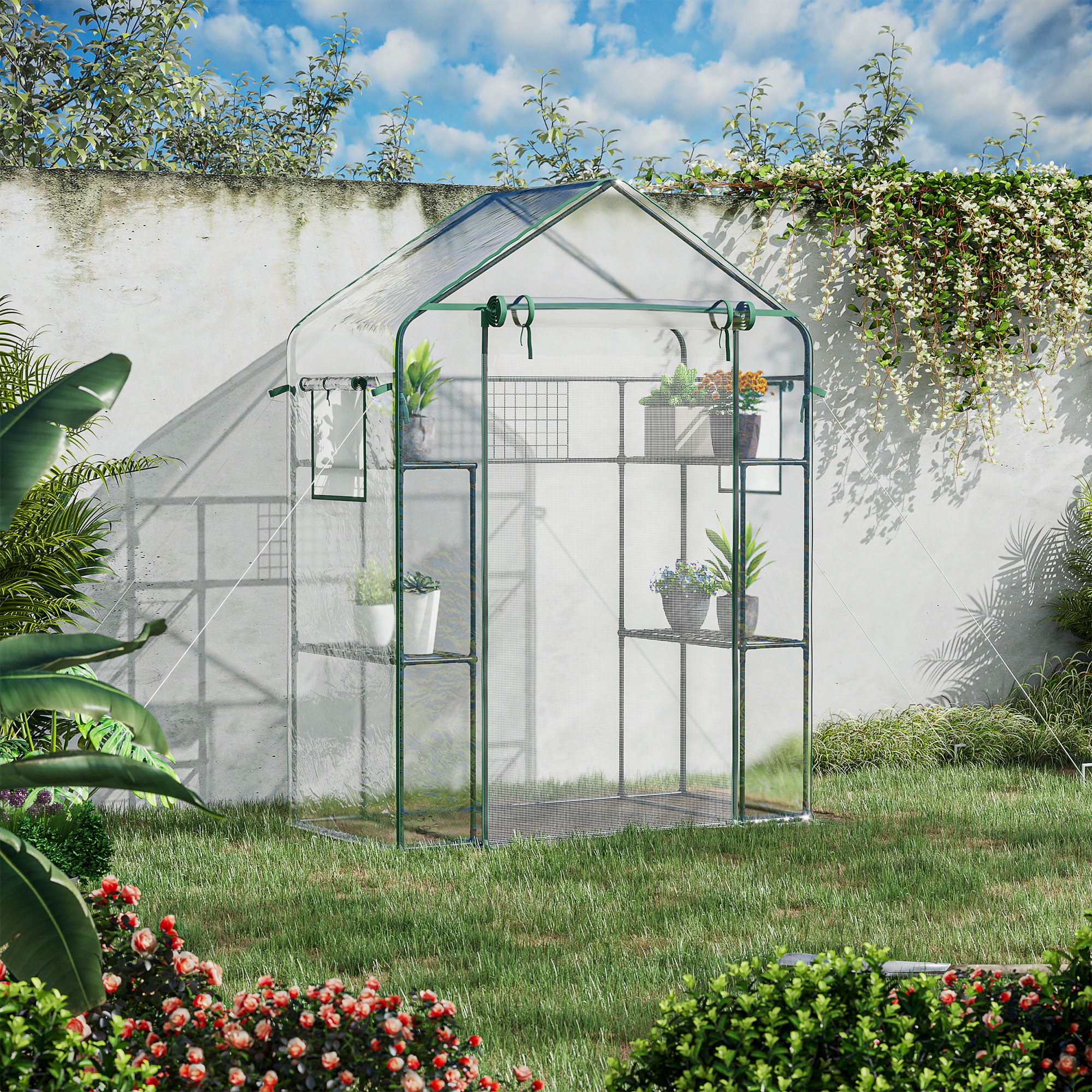 Outsunny Portable Walk-in Garden Greenhouse with Mesh Door, Windows & 3 ...