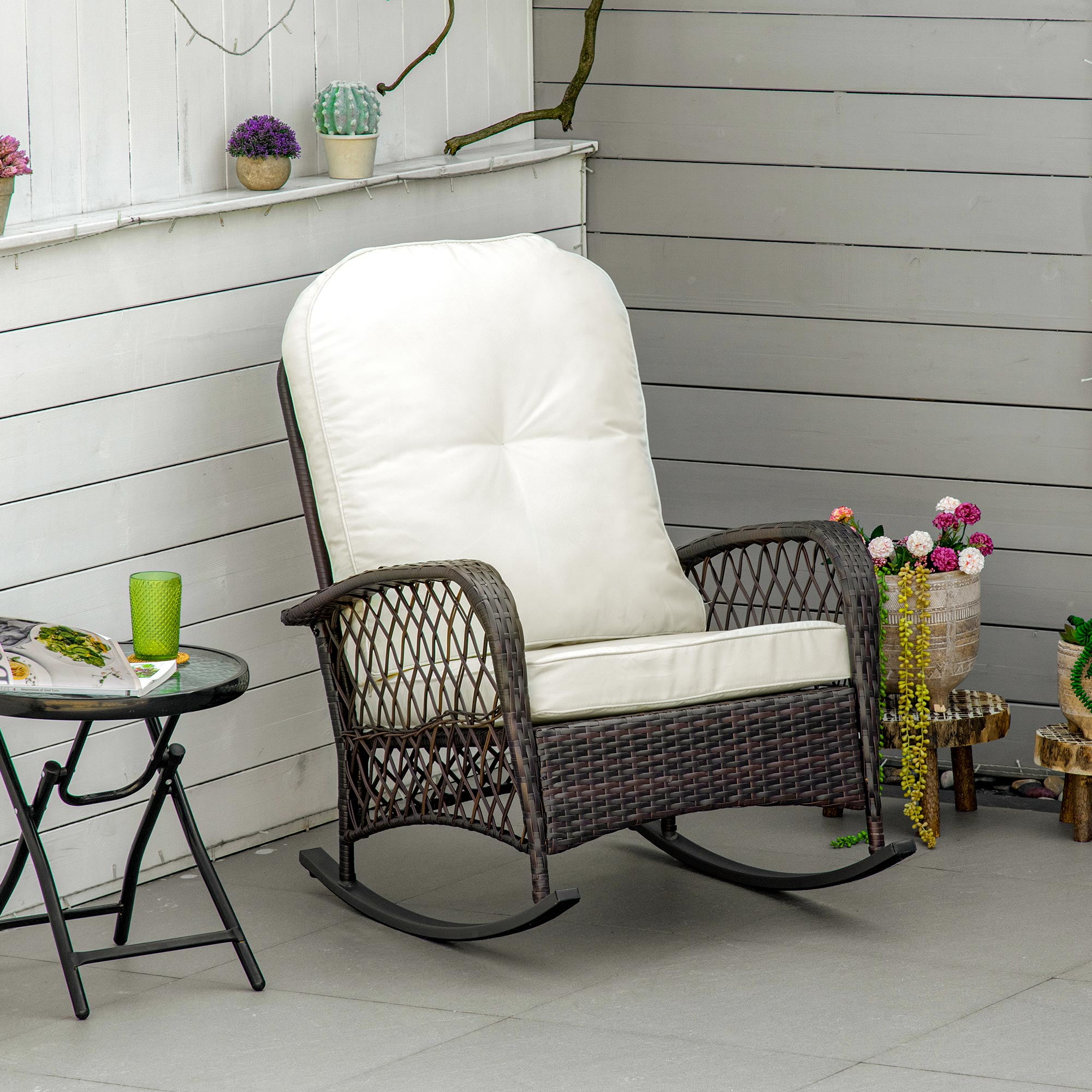 Outsunny Patio Rattan Rocker, Outdoor Wicker Chair with Wide Cushion ...