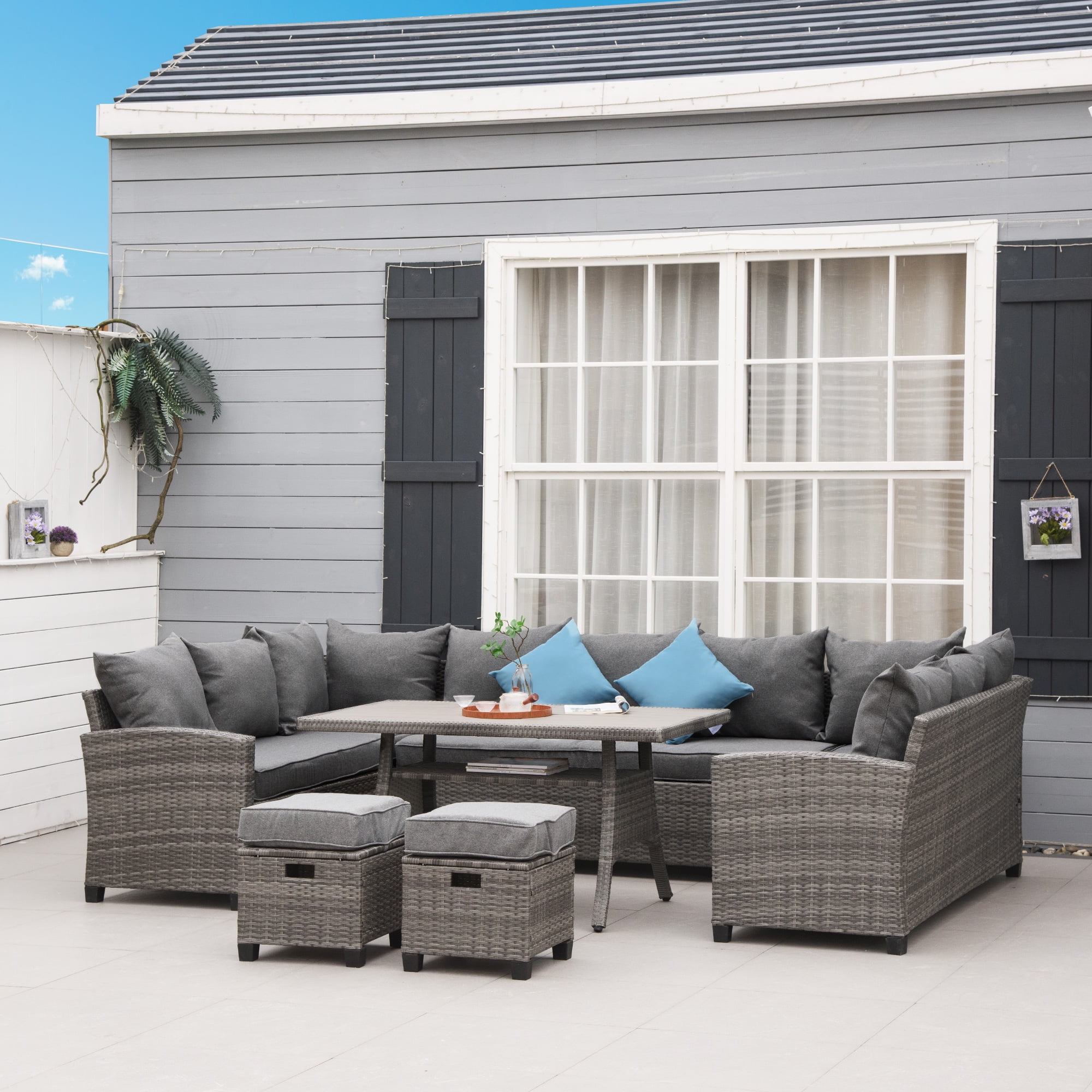 Outsunny Large Outdoor Sectional Couch with Ottomans & Table, Patio ...