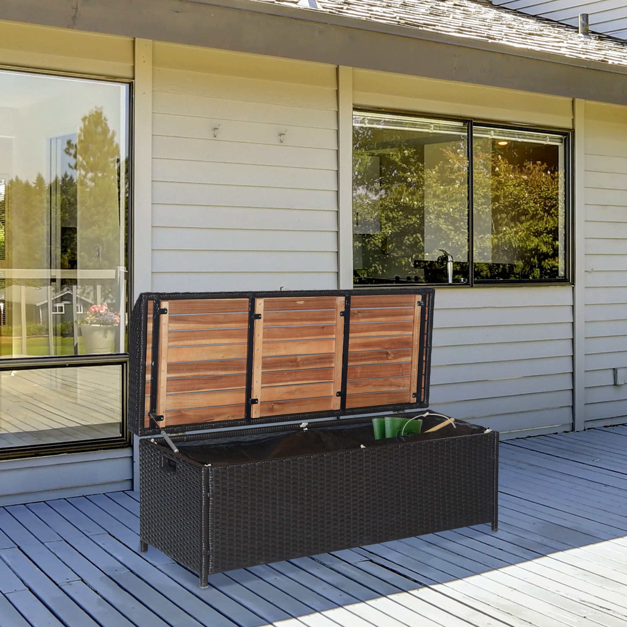 Outsunny Wicker Storage Bench, PE Rattan Outdoor Furniture, Easy Open ...