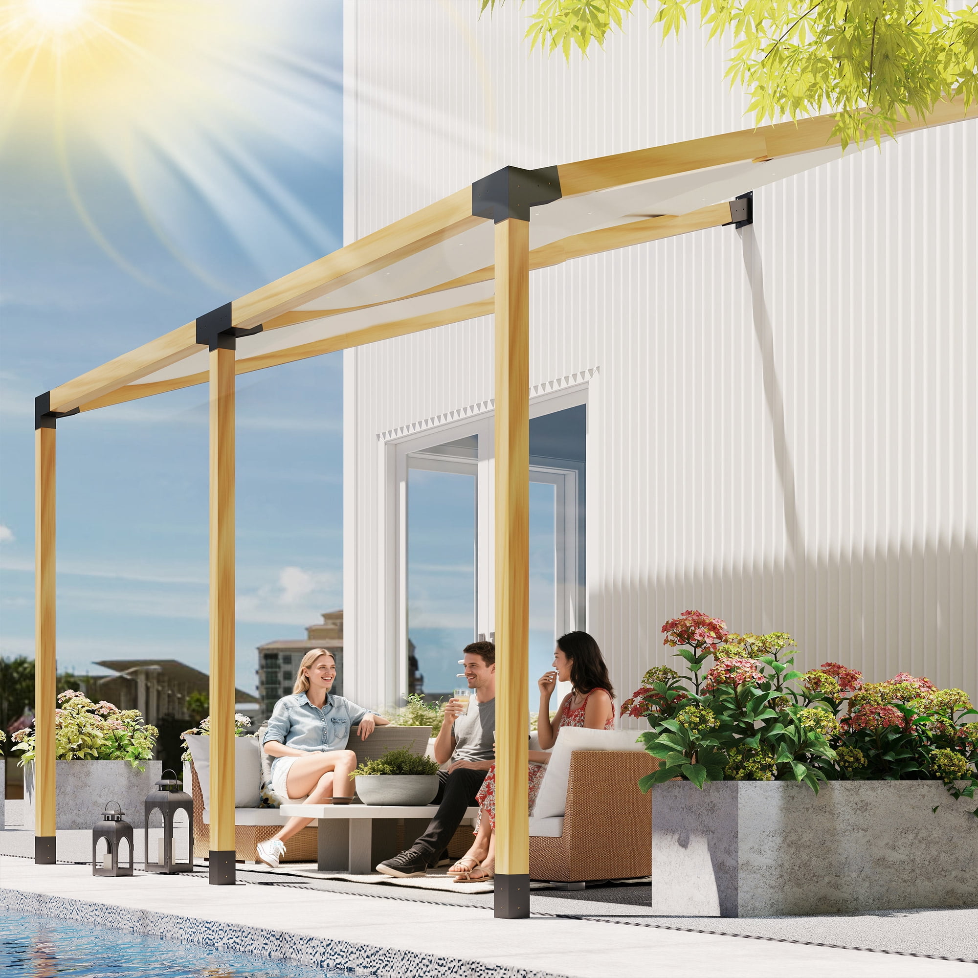 Outsunny Pergola Kit, 15° Slanted Roof Pergola Bracket Kit with 4-Way/3 ...