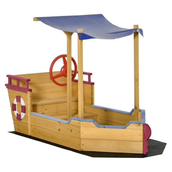 Outsunny Pirate Ship Sandbox with Cover and Rudder, Wooden Sandbox with ...