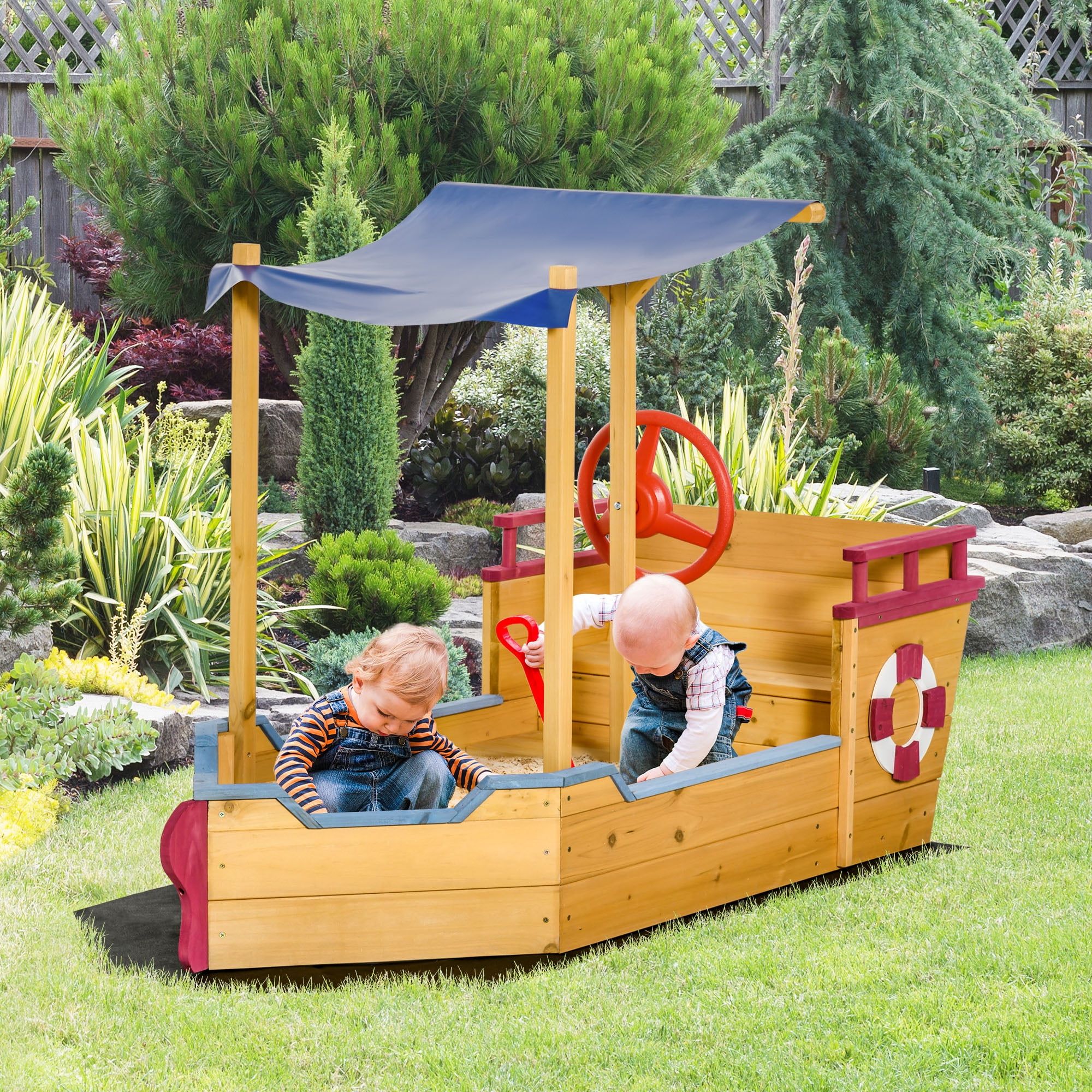 Outsunny Pirate Ship Sandbox with Cover, Rudder, Storage Bench, Outdoor ...