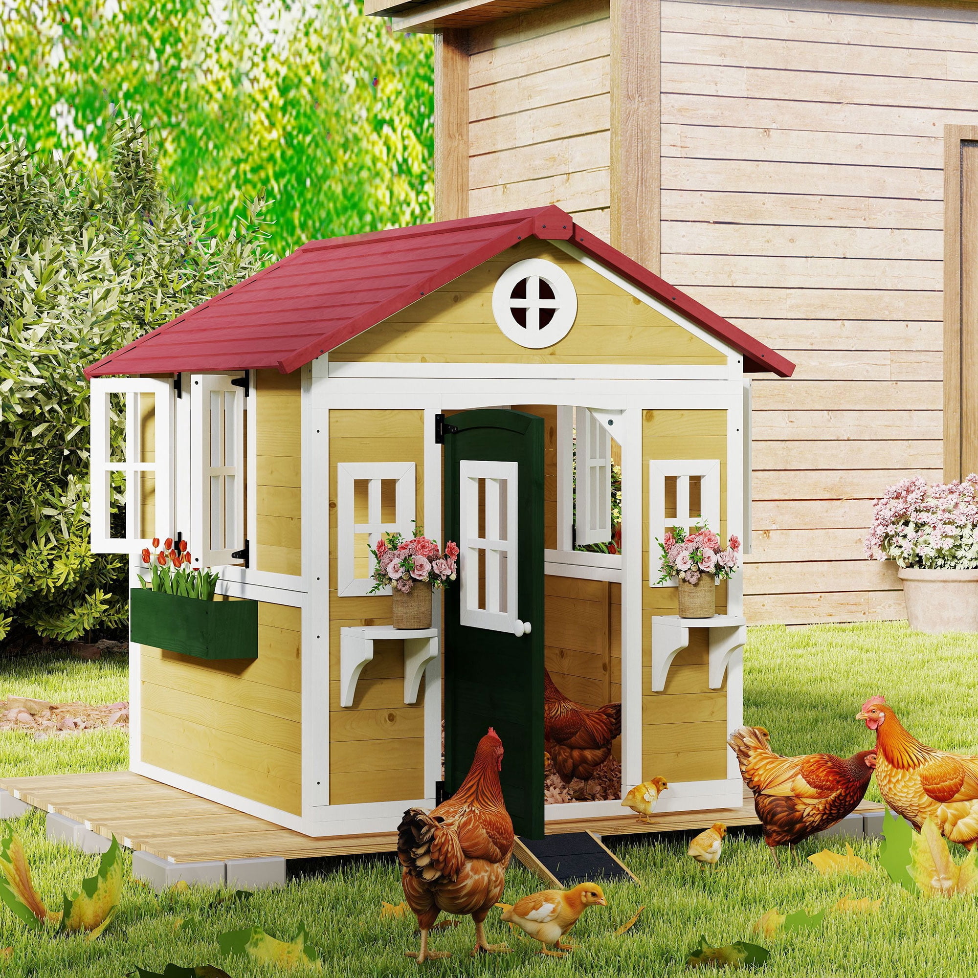 Outsunny Playhouse for Kids Outdoor, Wooden Playhouse with Doors ...