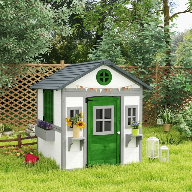 Outsunny Playhouse for Kids Outdoor, Wooden Playhouse with Doors ...