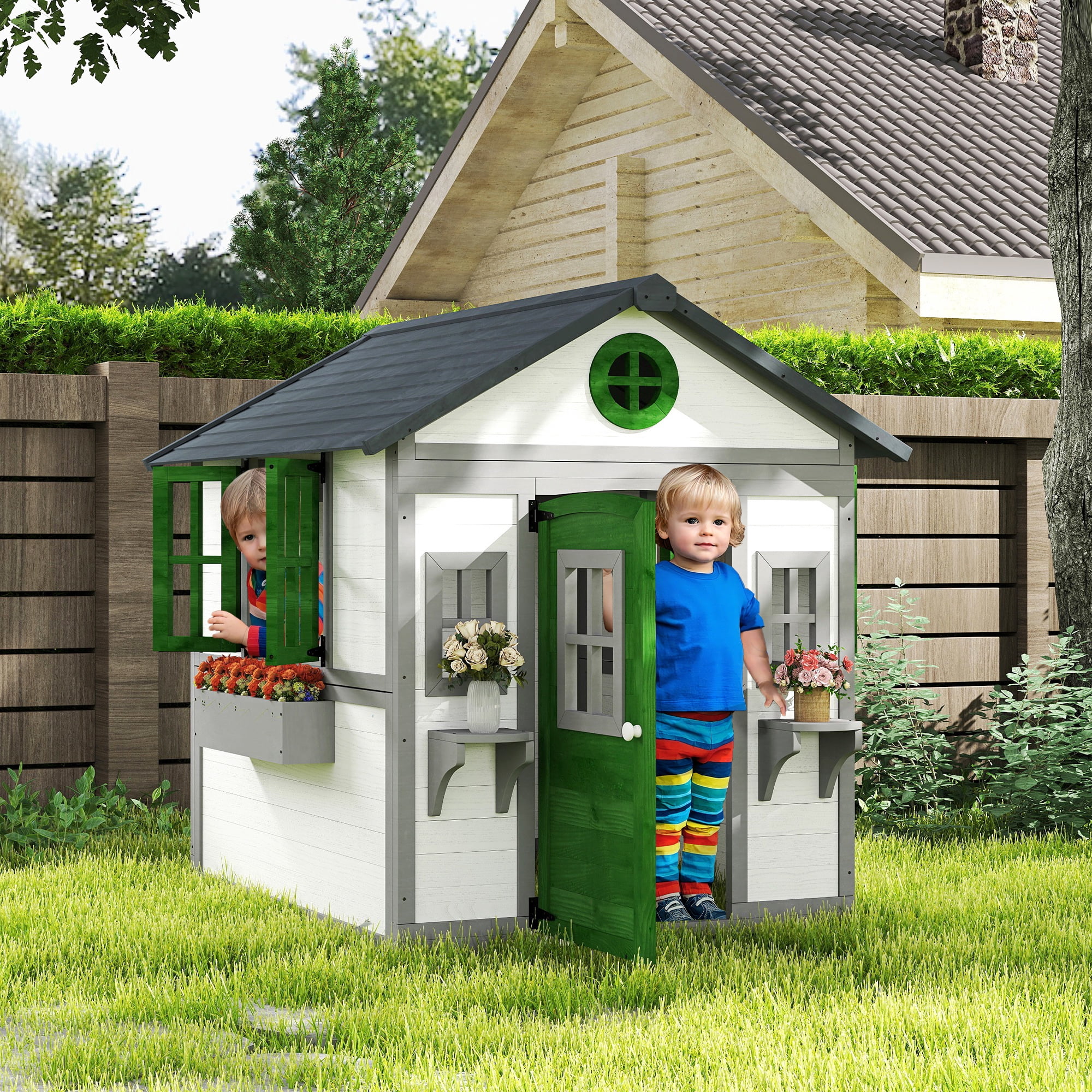 Outsunny Playhouse for Kids Outdoor, Wooden Playhouse with Doors ...