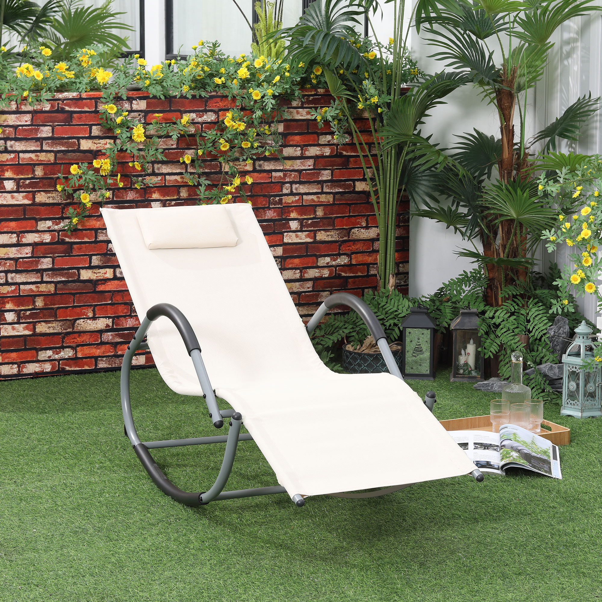 Outsunny Large Outdoor Rocking Pool Lounge Chair with Pillow - Beige ...