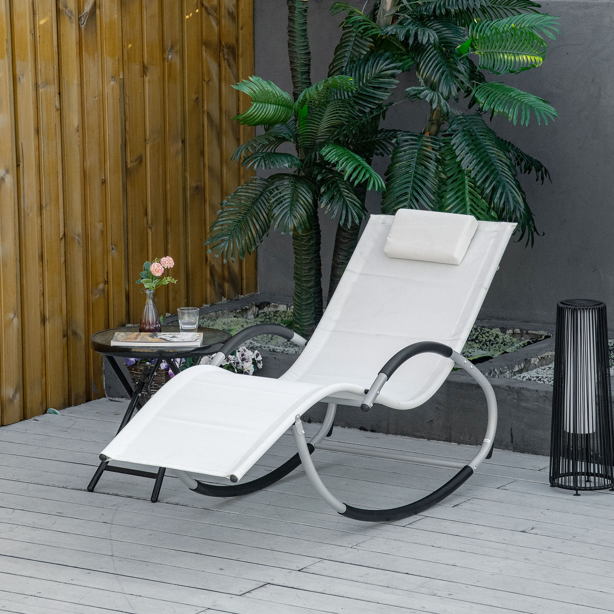 Outsunny Outdoor Rocking Pool Lounge Chair with Pillow, White, Chaise ...