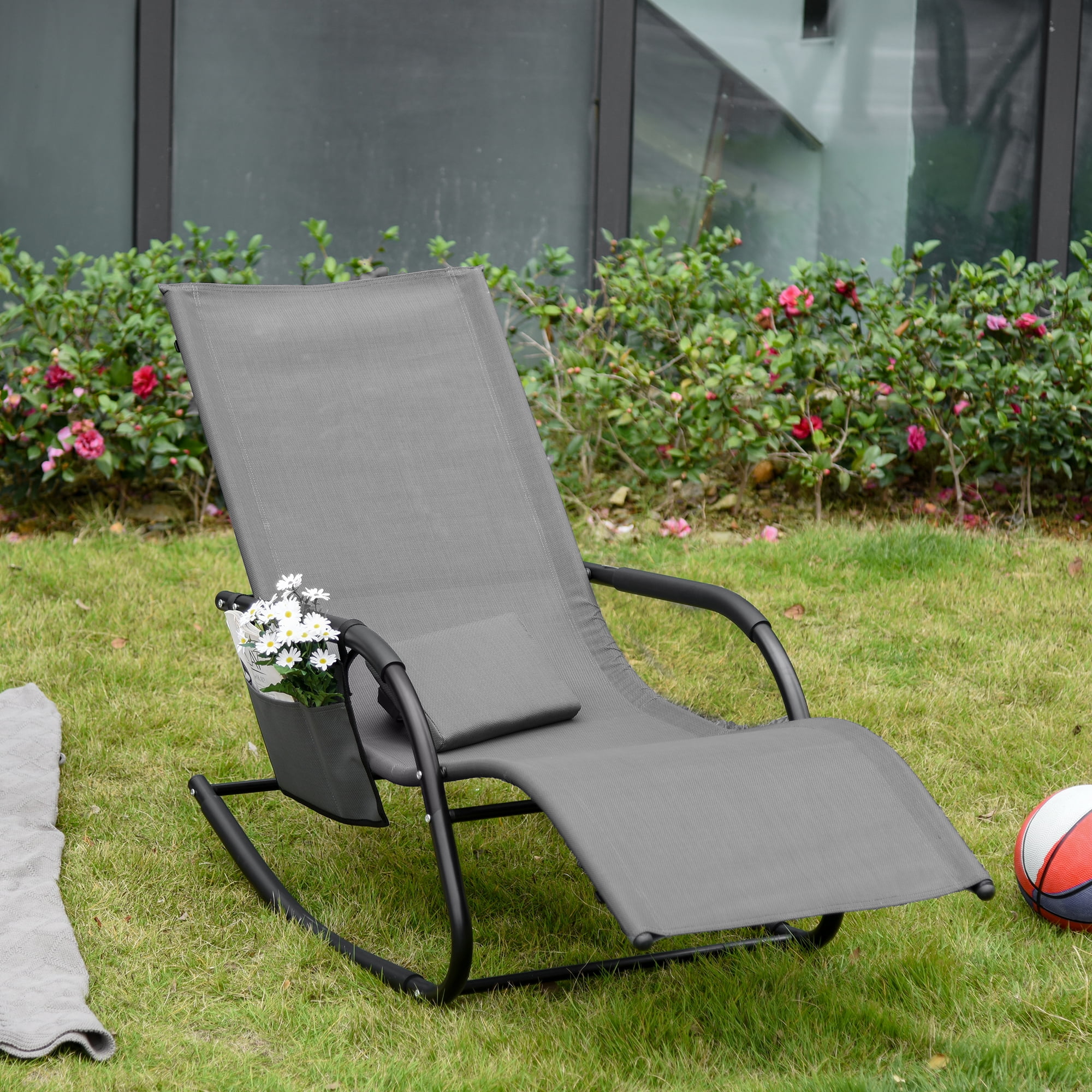Outsunny Pool Lounge Outdoor Rocking Chair w/ Pocket, Pillow, Gray ...