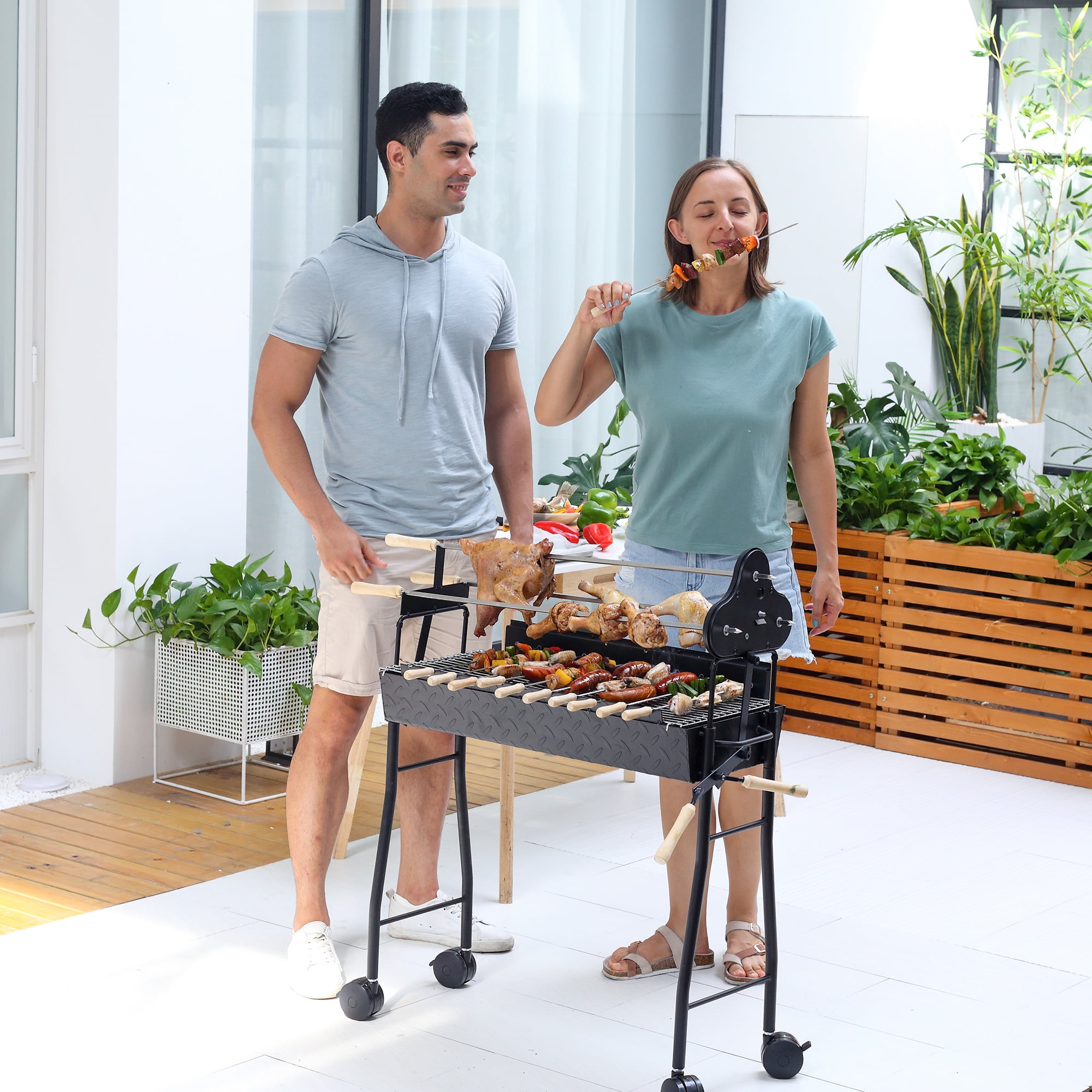 Outsunny Portable Charcoal BBQ Grill, Steel Rotisserie, Adjustable, 4 ...
