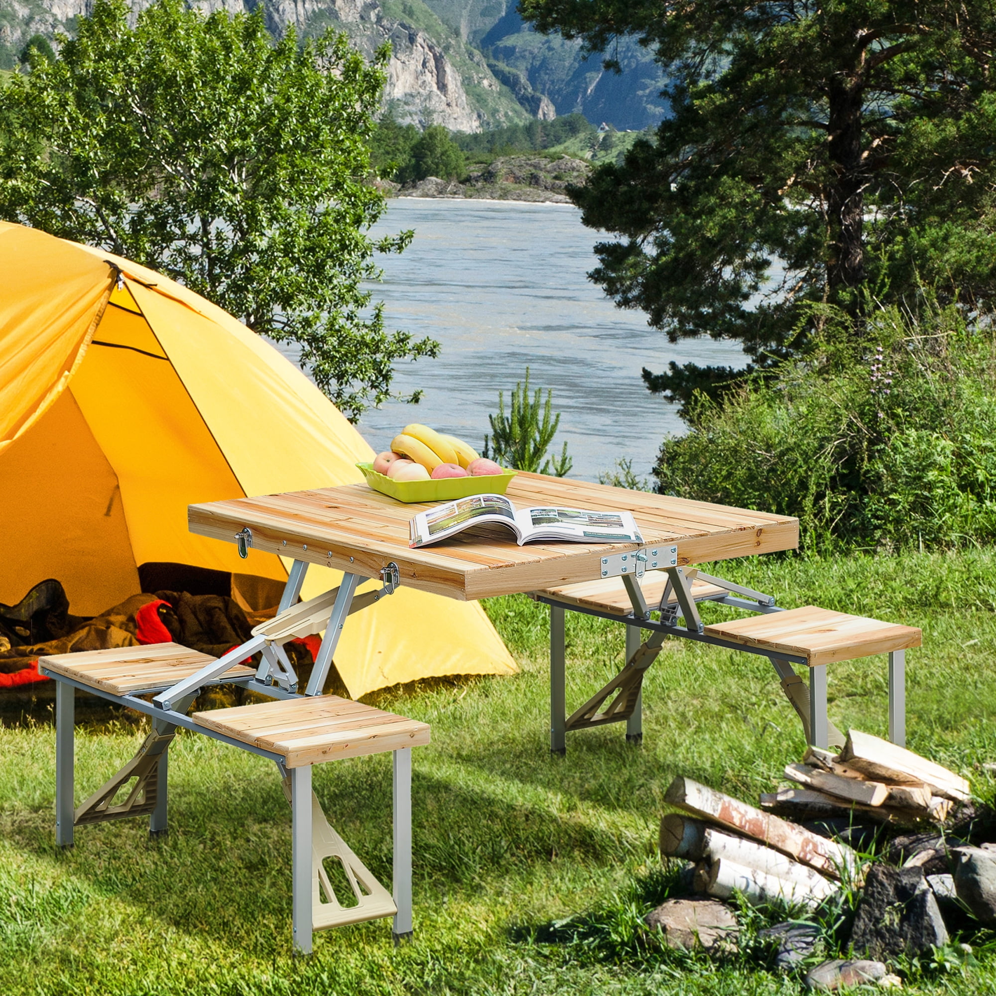 Outsunny Portable Foldable Camping Picnic Table with Seats Chairs and ...